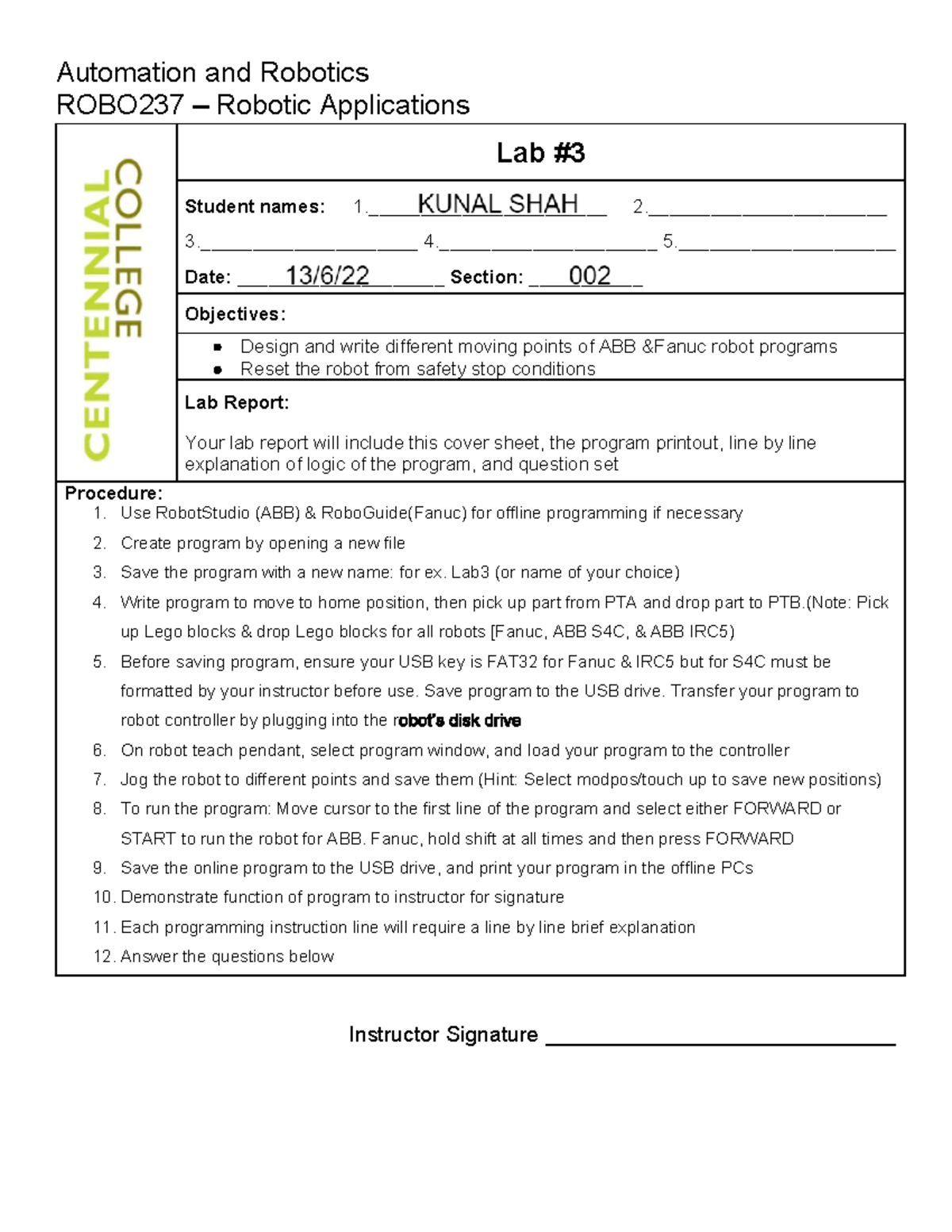 Lab3 Pn P - Lab3 Pn P report - Automation and Robotics ROBO237 Robotic Applications Instructor ...