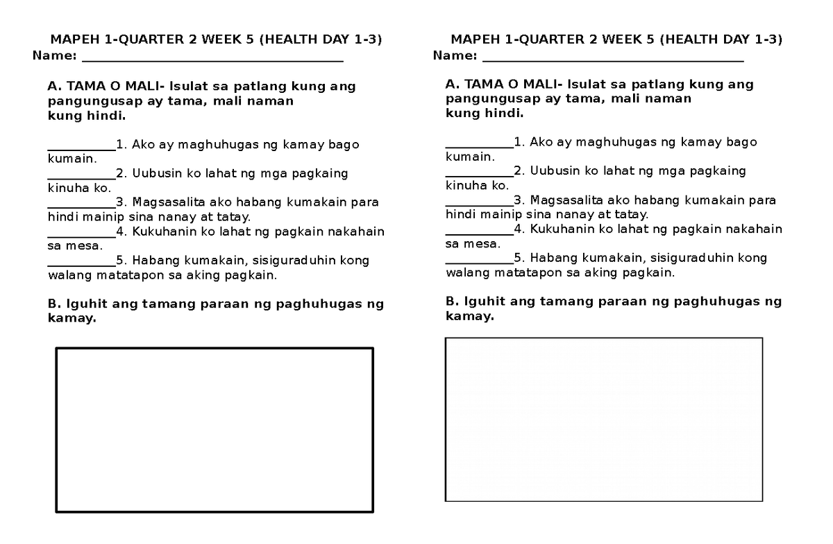 Mapeh- Filipino-WEEK 5 QUARTER 3 - MAPEH 1-QUARTER 2 WEEK 5 (HEALTH DAY ...