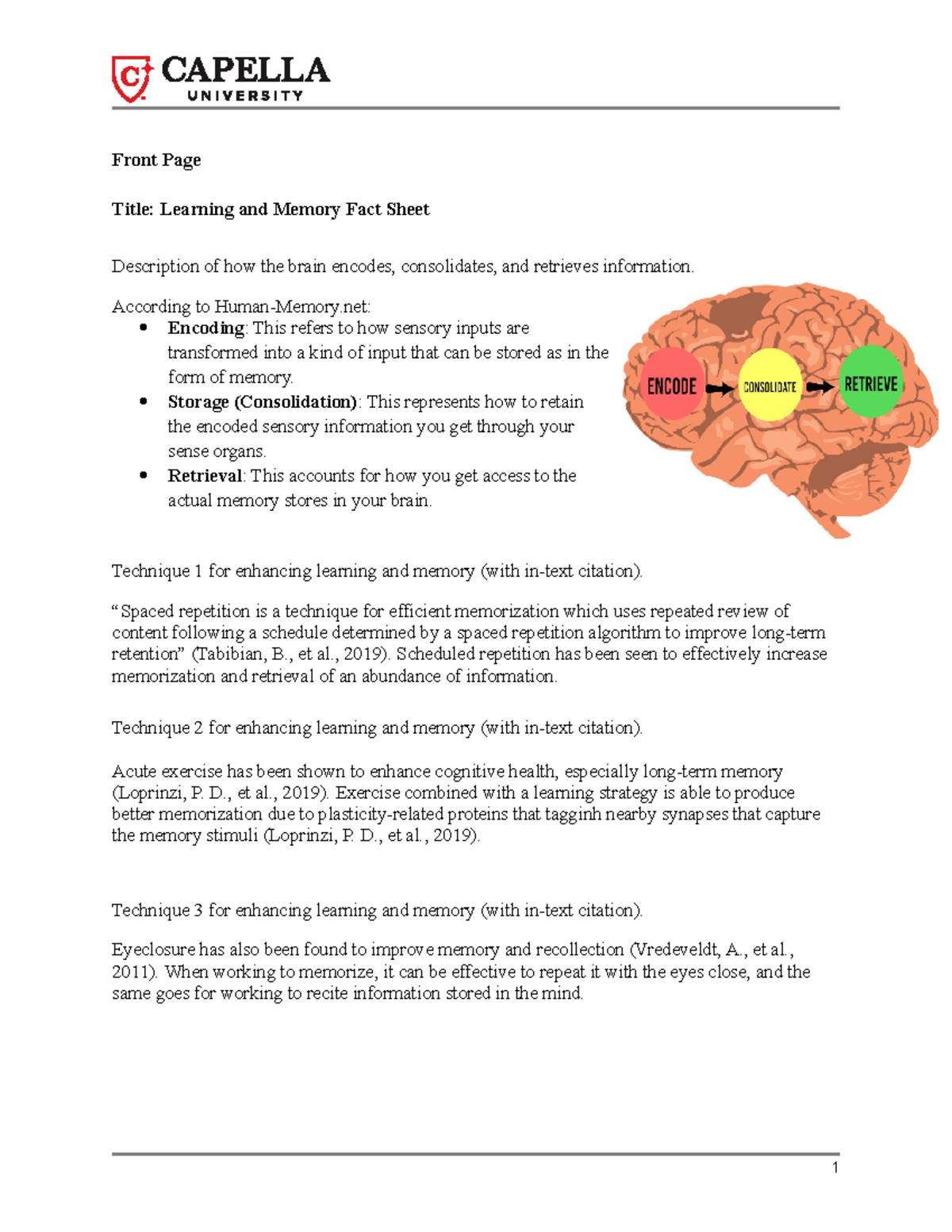 PSYC-FPX3500 Assessment 4-1 - Front Page Title: Learning and Memory Fact Sheet Description of ...