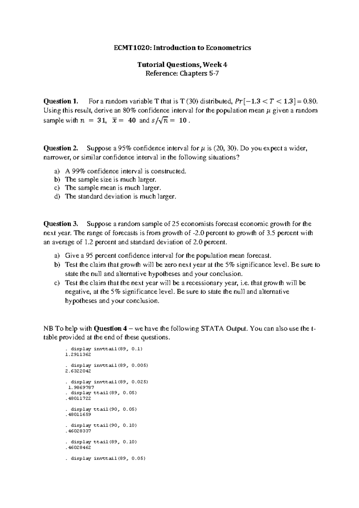 Tutorial Week 4 - tut 4 - ECMT1020: Introduction to Econometrics Tutorial Questions, Week 4 ...