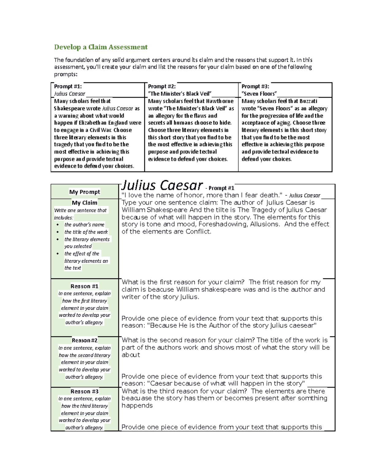 Develop a claim assess rubric - Develop a Claim Assessment The ...