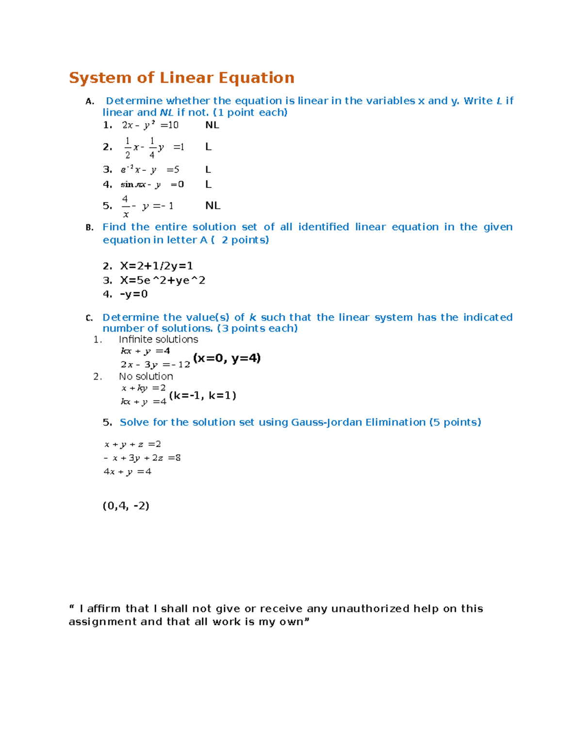 Assignment 1.1 System of Linear Equiation-1 - System of Linear Equation ...
