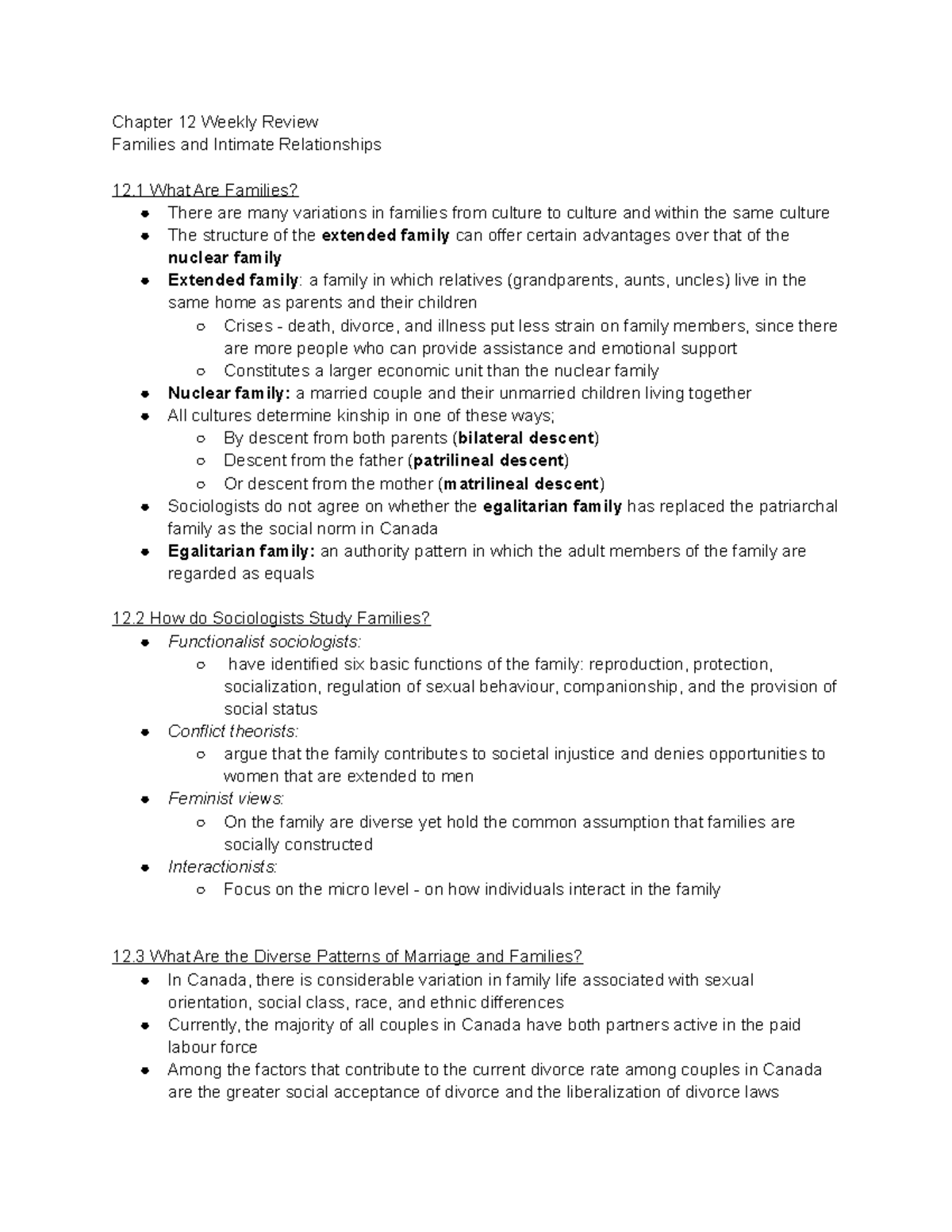 Chapter 12 Weekly Review - Chapter 12 Weekly Review Families and ...