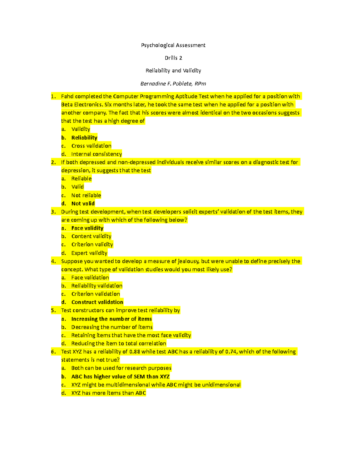 PA Drill 2 - Psych assessment practice questions - Psychological ...