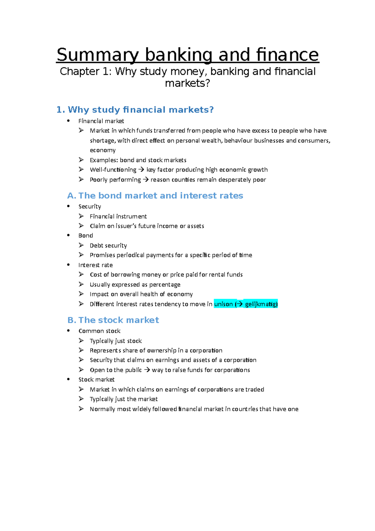 Summary banking and finance - Why study financial markets? Financial ...