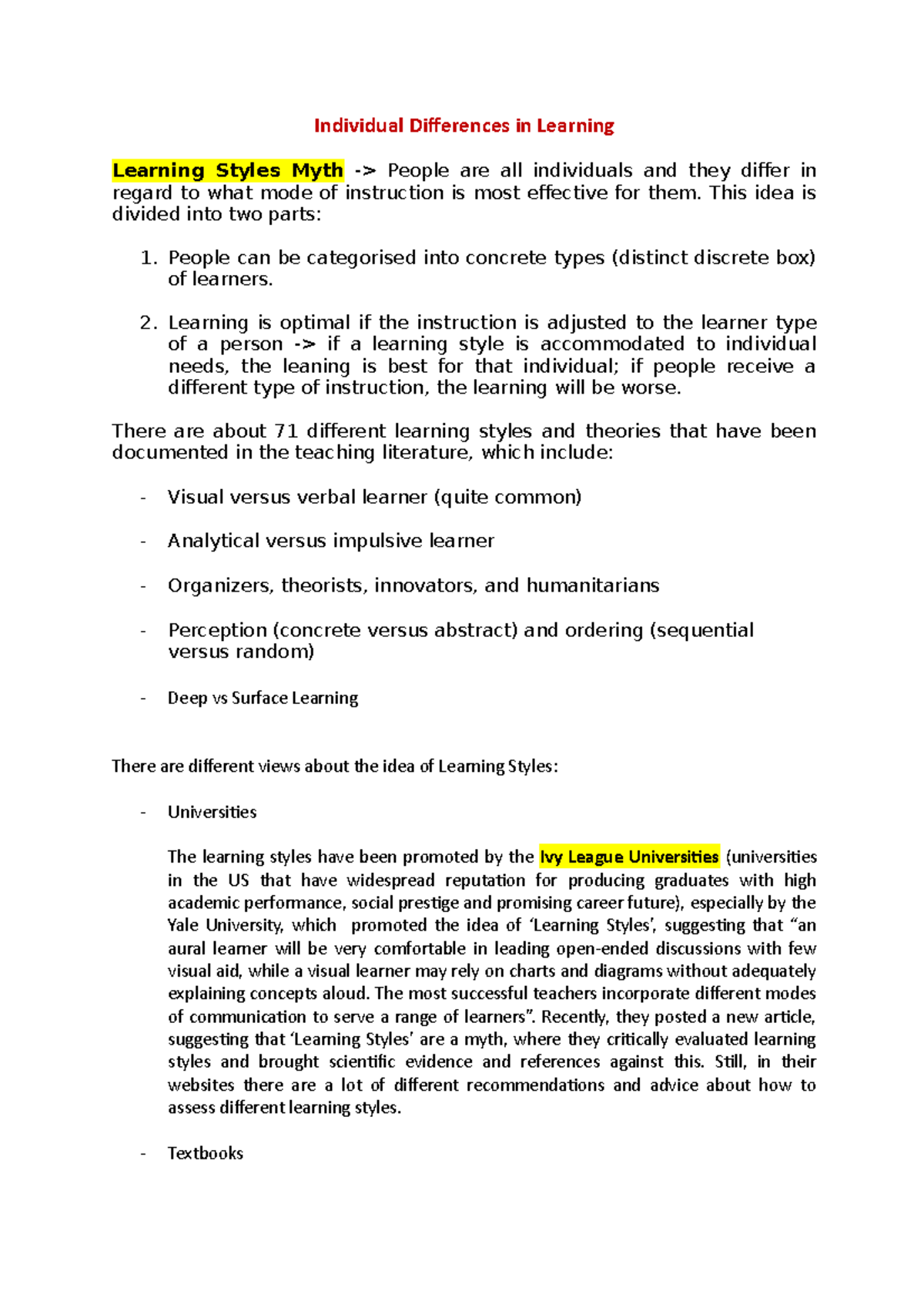 Cognition - Lecture 9 - Individual Differences in Learning - Individual ...
