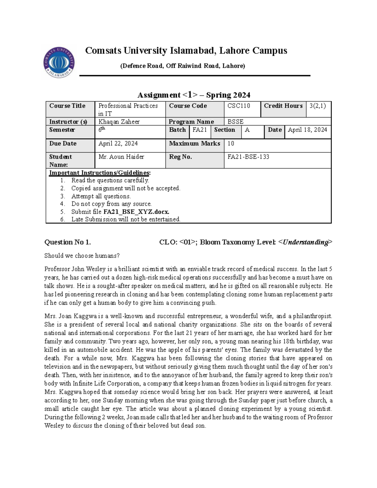 FA21 BSE 133 Assignment 1 - Comsats University Islamabad, Lahore Campus ...
