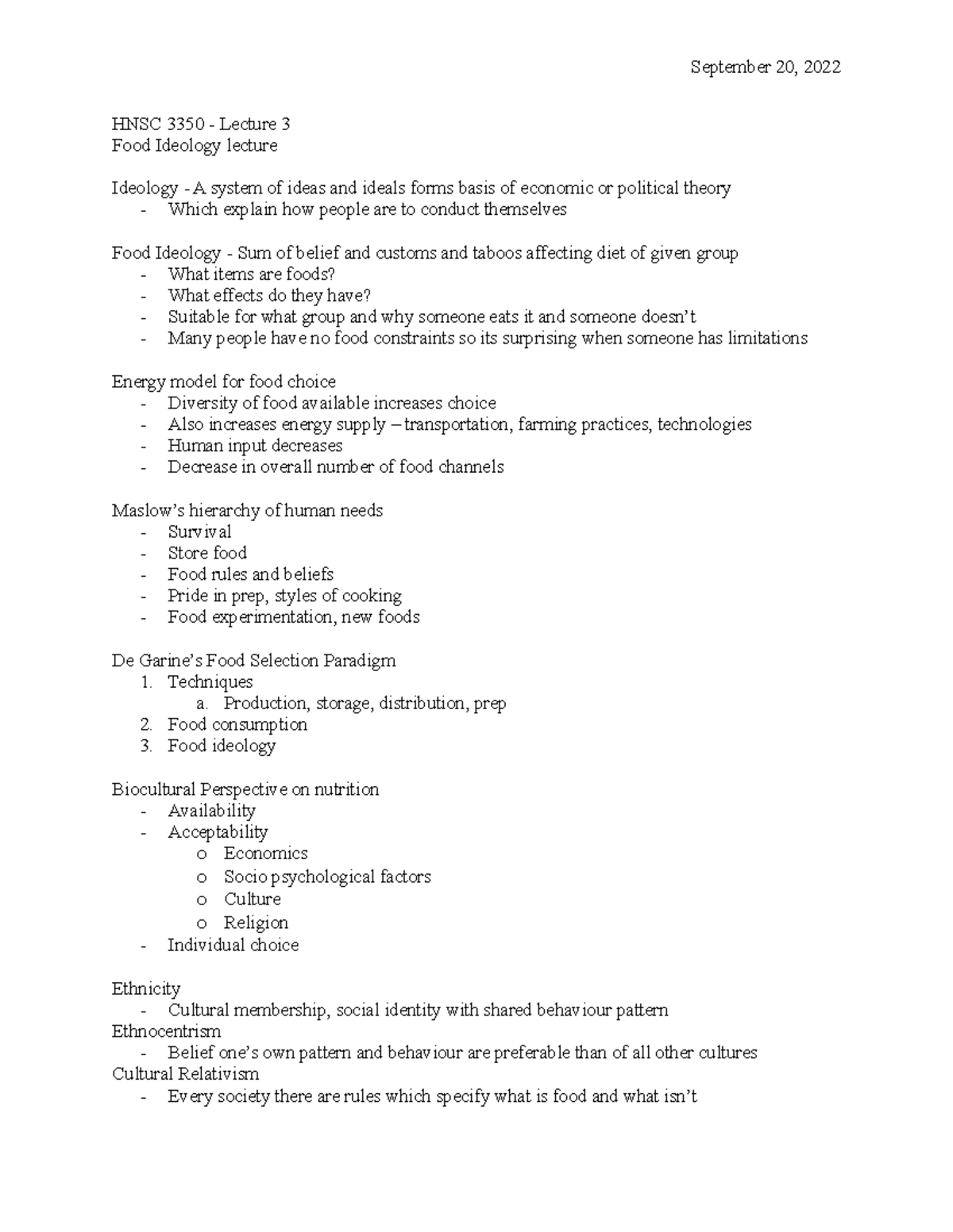 HNSC 3350 - Lecture 3 - September 20, 2022 HNSC 3350 - Lecture 3 Food ...