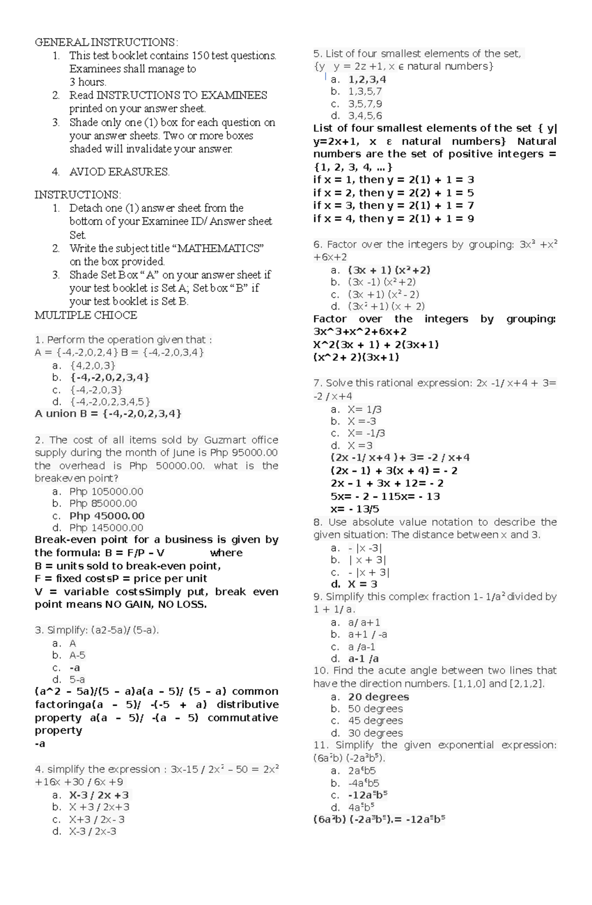 Mathematics 2 - Math Major practice for LET Exam - GENERAL INSTRUCTIONS ...