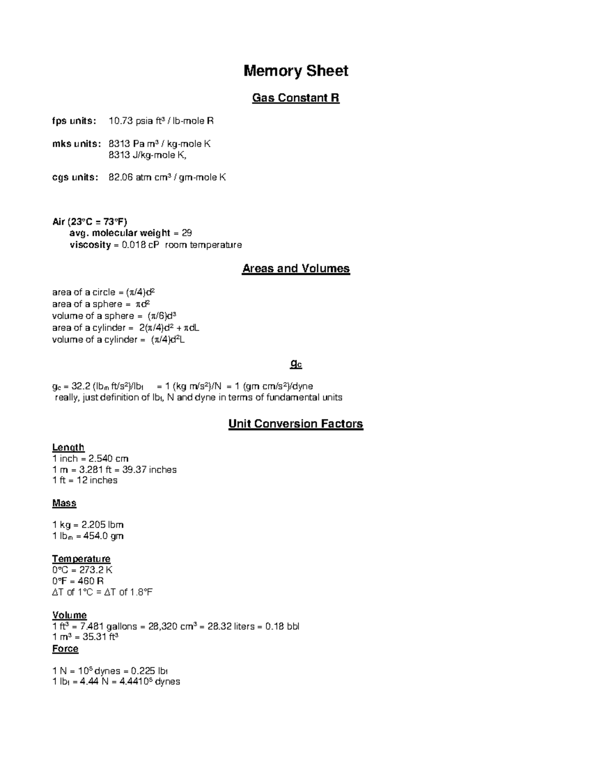 Memory Exam Sheet Lab I - Memory Sheet Gas Constant R fps units: 10 ...