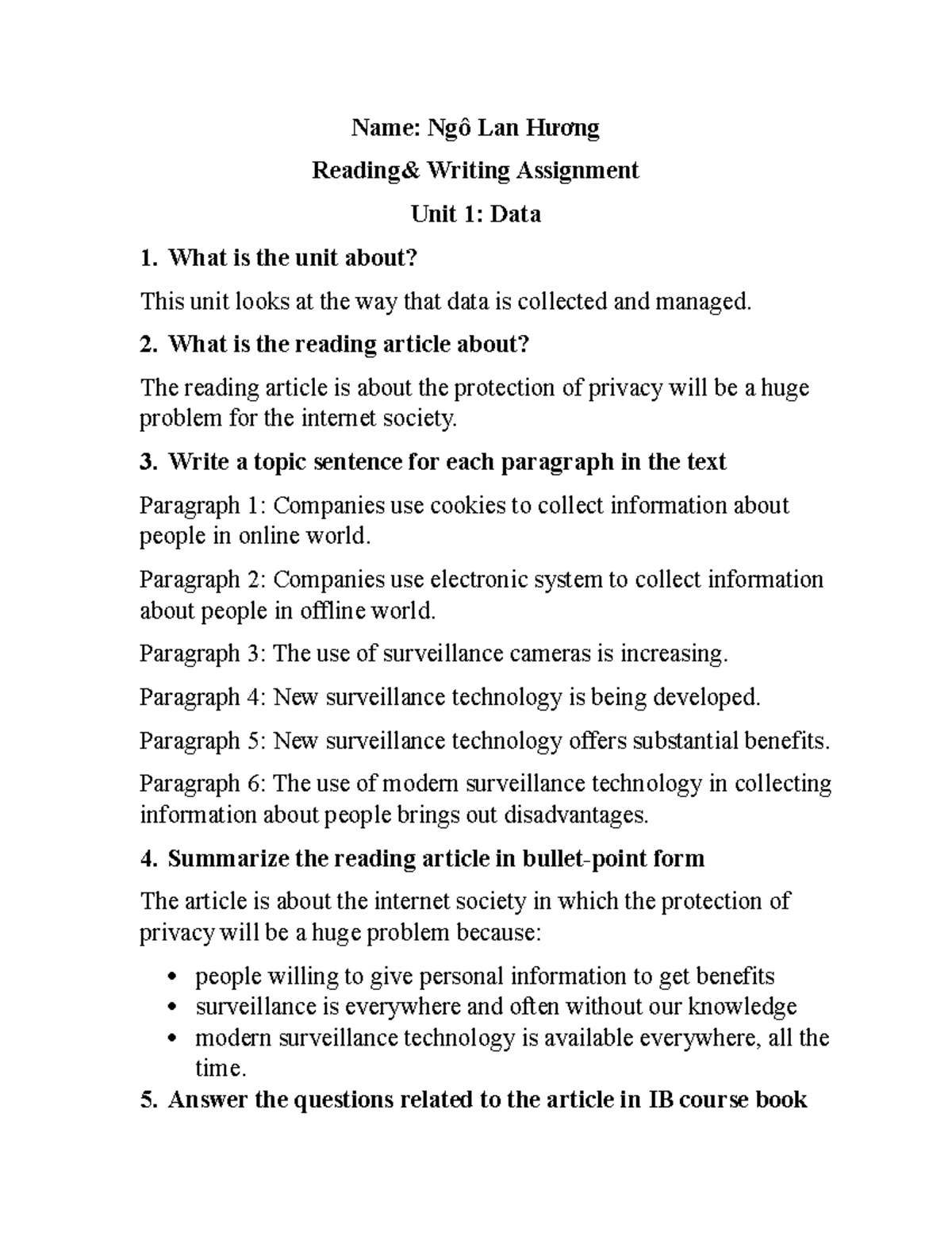 Reading and writing assignment - Name: Ngô Lan Hương Reading& Writing ...