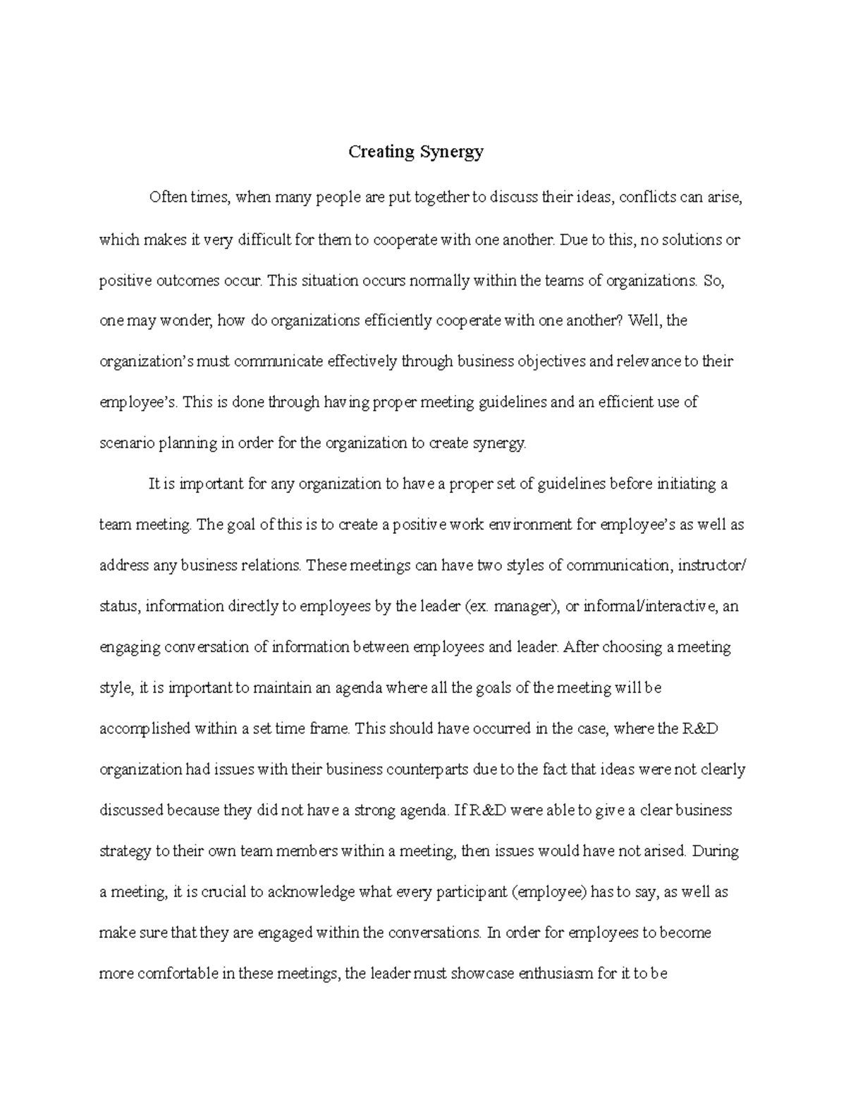 Module 4 Essay - Creating Synergy Often times, when many people are put ...
