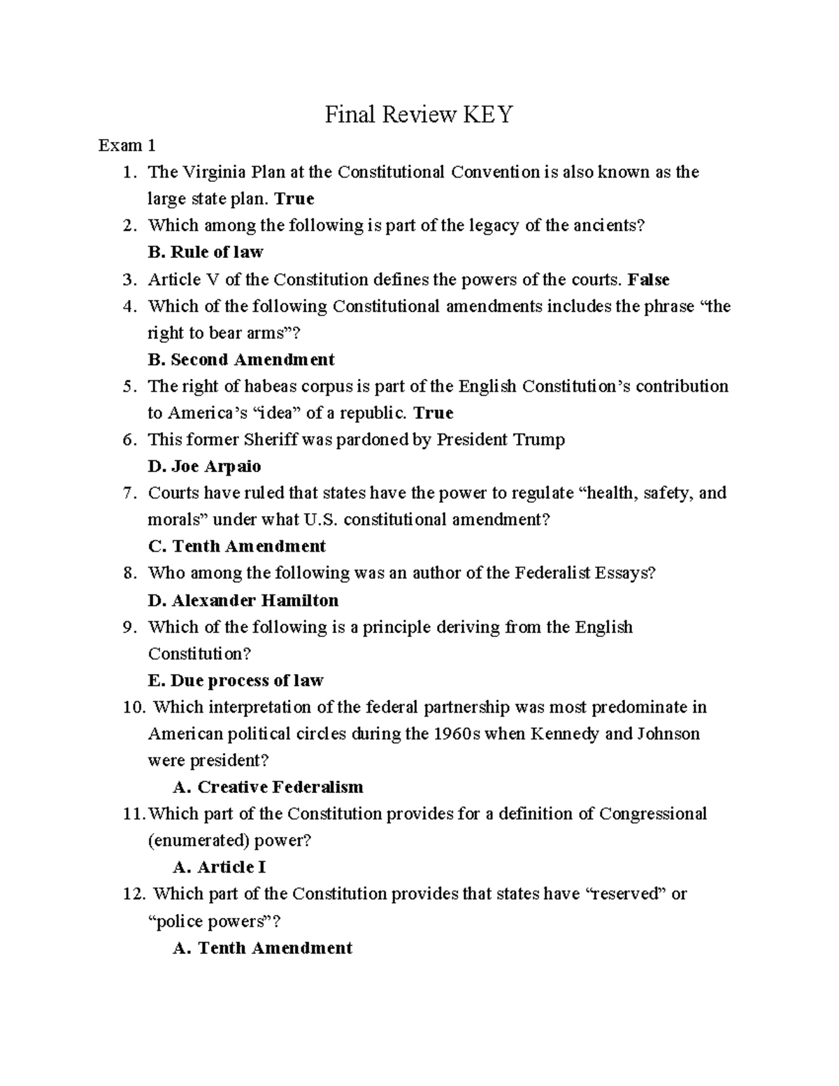 Final Review KEY - Final Review KEY Exam 1 1. The Virginia Plan at the ...