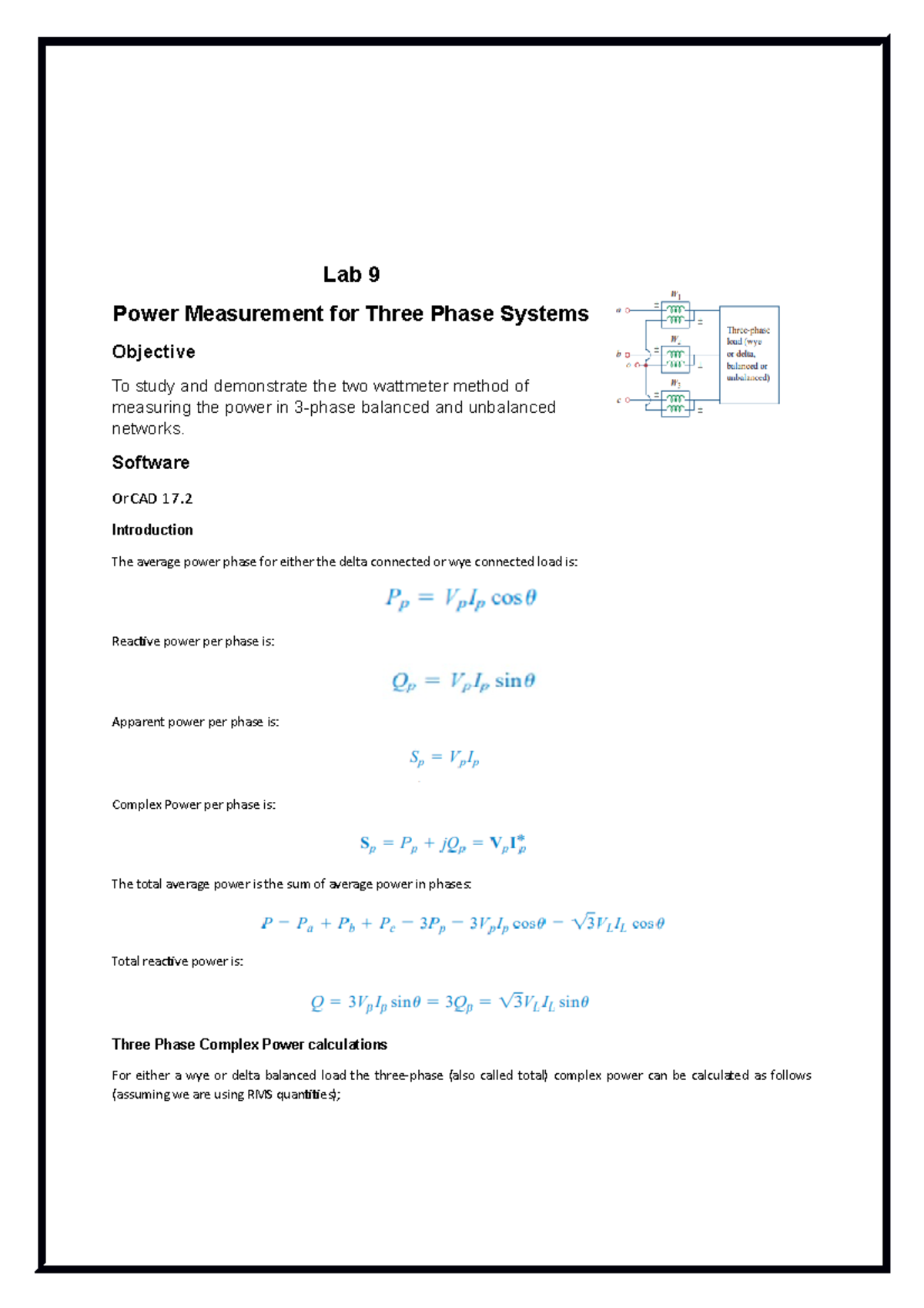 Ena lab 9 - lab 9 - Lab 9 Power Measurement for Three Phase Systems Objective To study and - Studocu