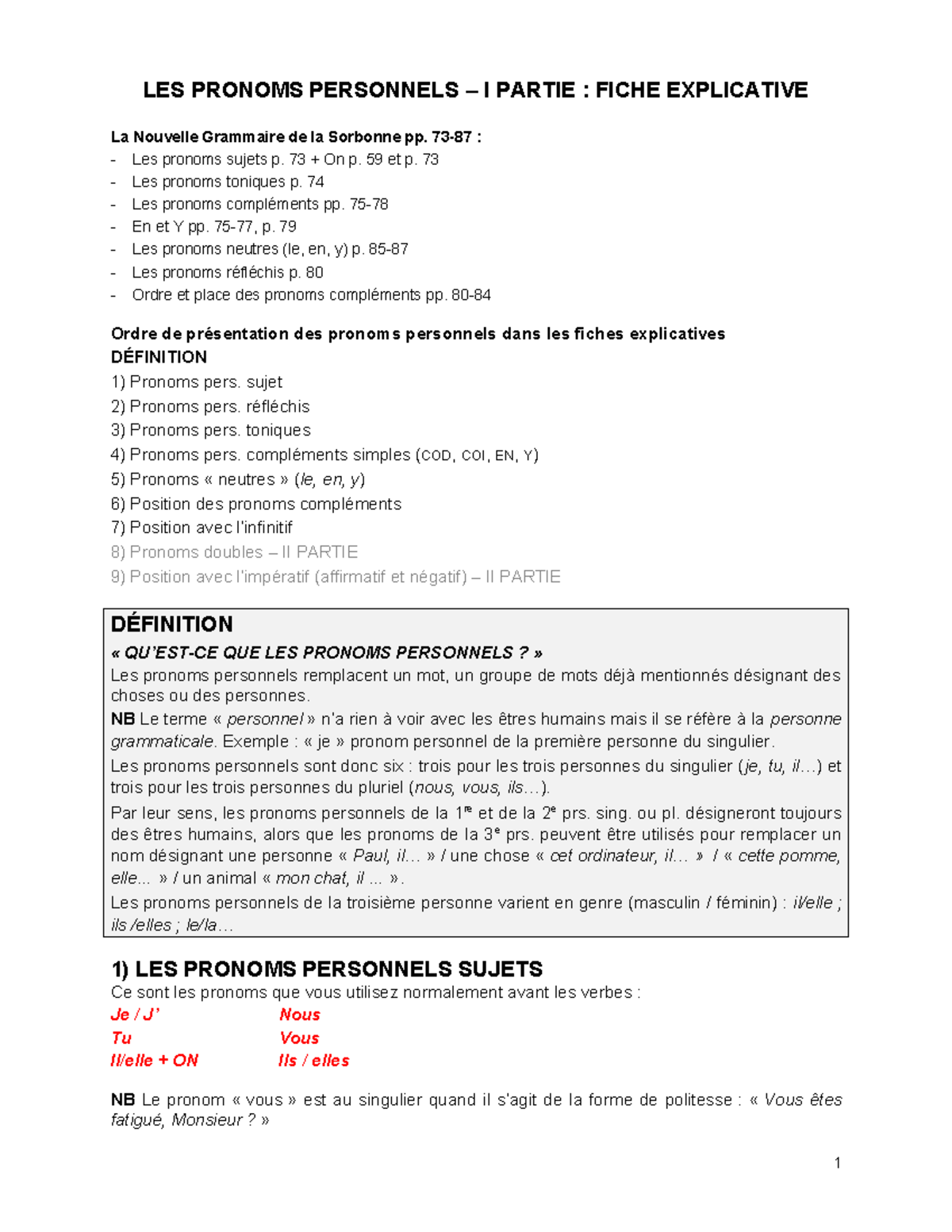 PRON-PERS-1 Fiche Explicative - LES PRONOMS PERSONNELS – I PARTIE ...