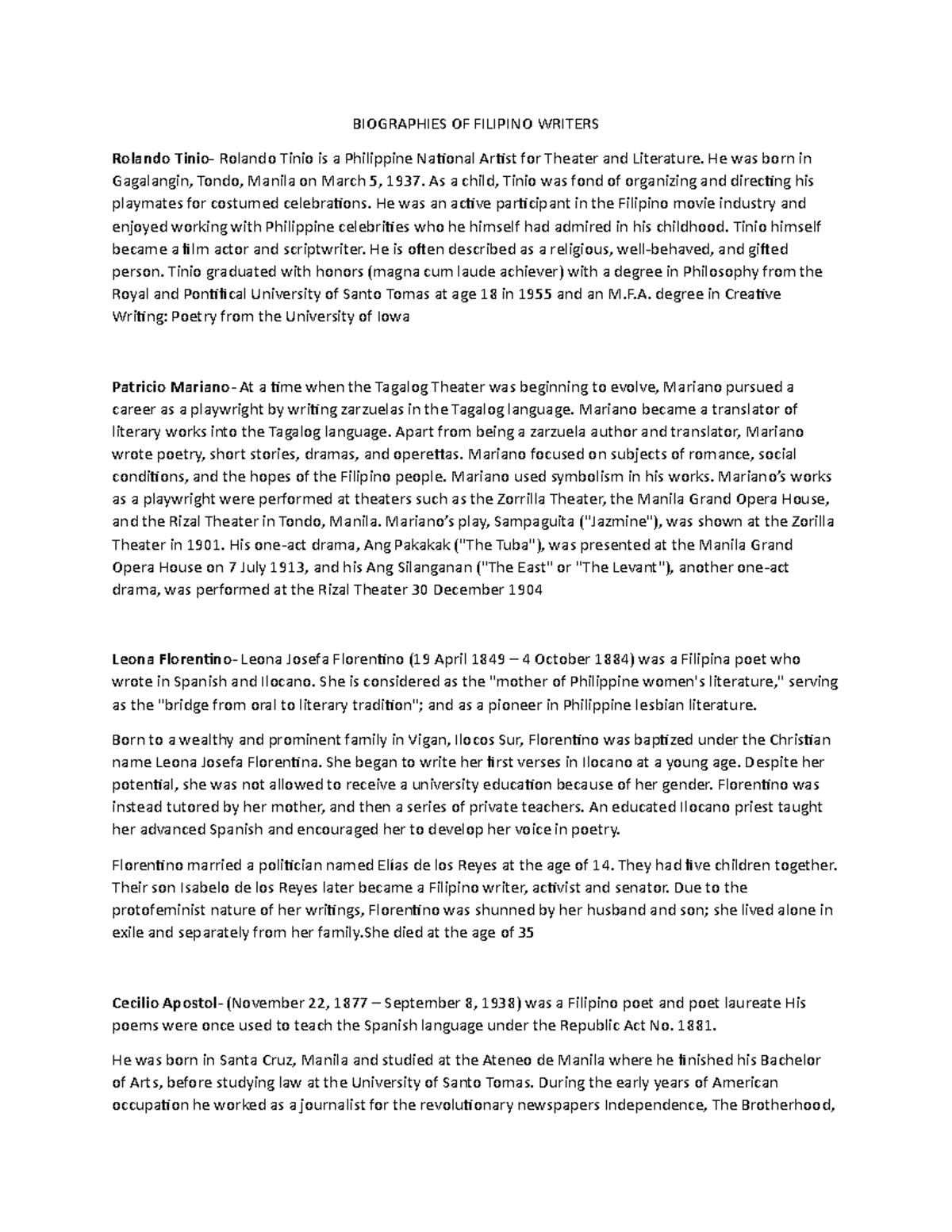 Biographies OF Filipino Writers - BIOGRAPHIES OF FILIPINO WRITERS ...