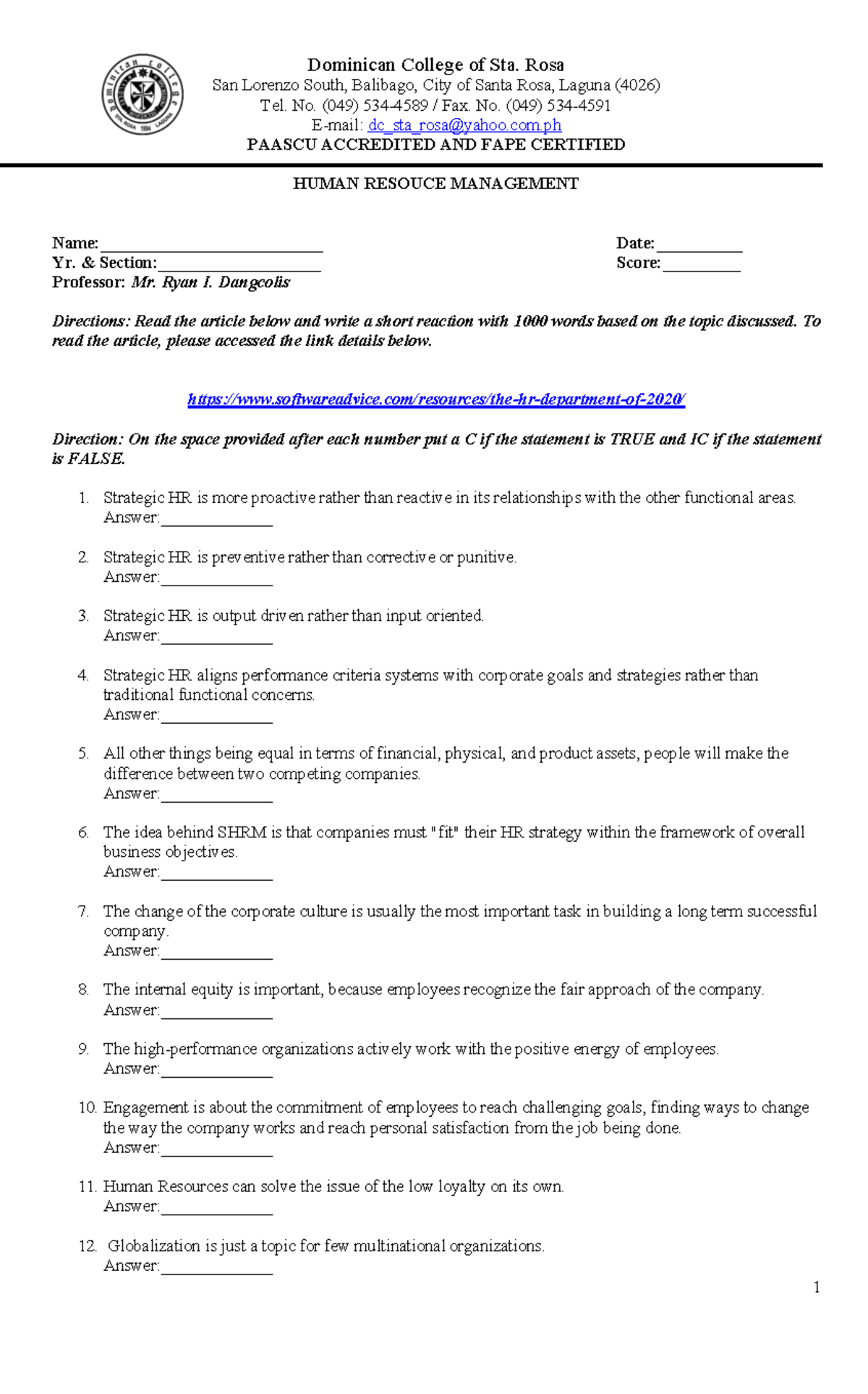 HRM-Activity-No.-2 - Human resources class activity -NBJ - 1 Dominican ...