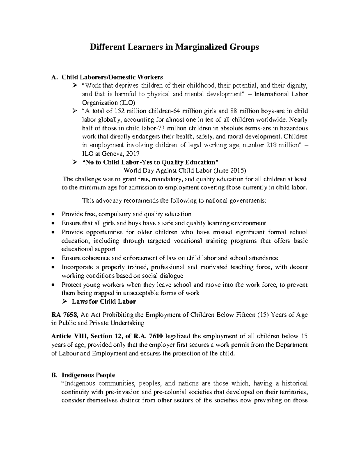 Different Learners in Marginalized Groups - Child Laborers/Domestic ...