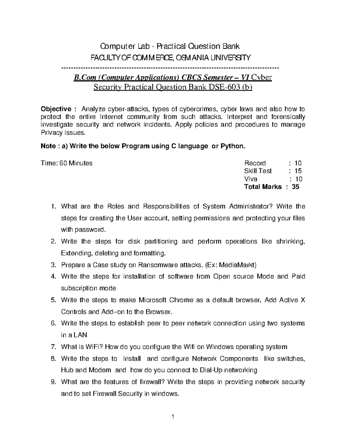 Cyber Security Lab QB - 1 Computer Lab - Practical Question Bank FACULTY OF COMMERCE, OSMANIA ...