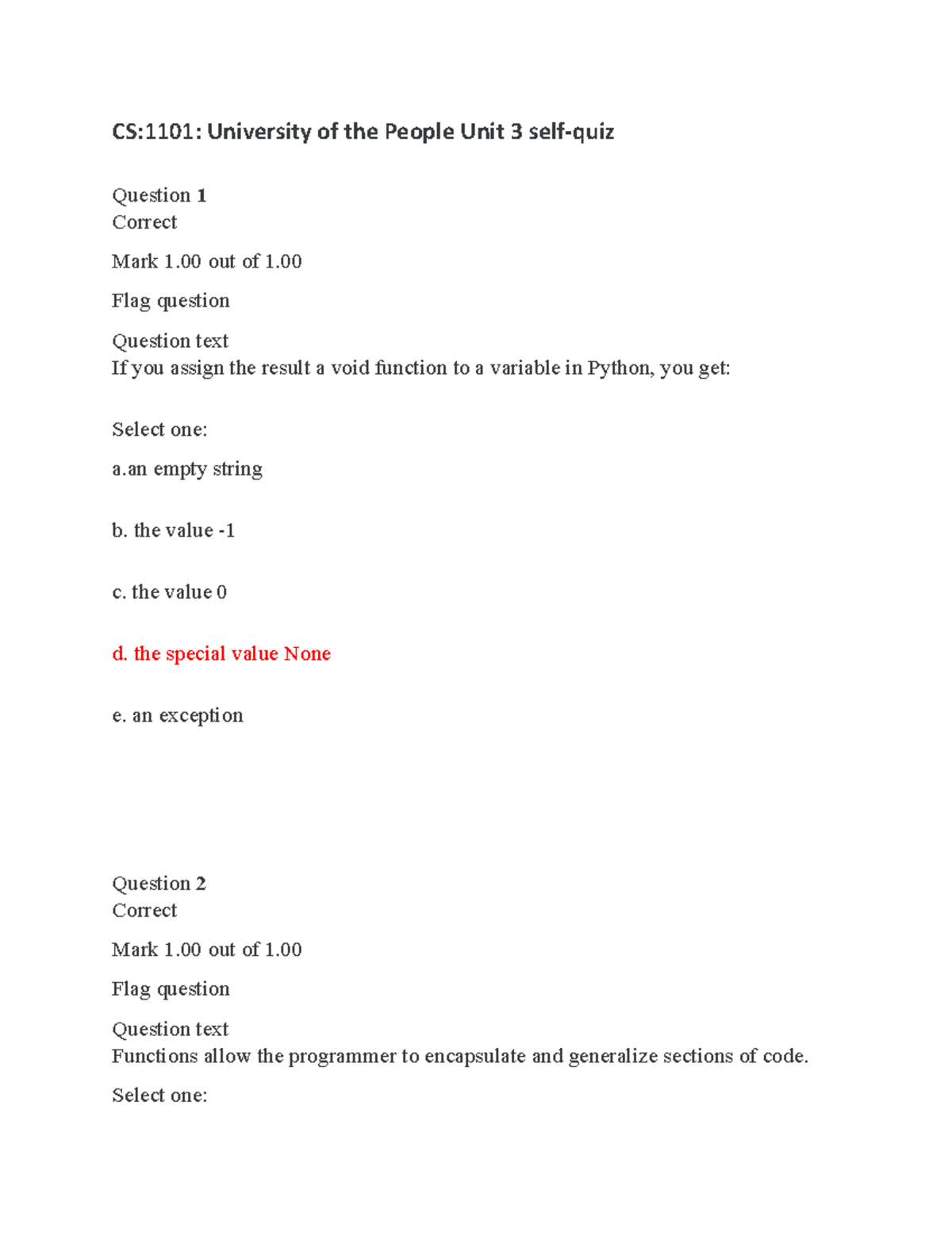 CS 1101-01; Unit 3 practice self-quiz from Chapter 5 - CS:1101: University of the People Unit 3 ...