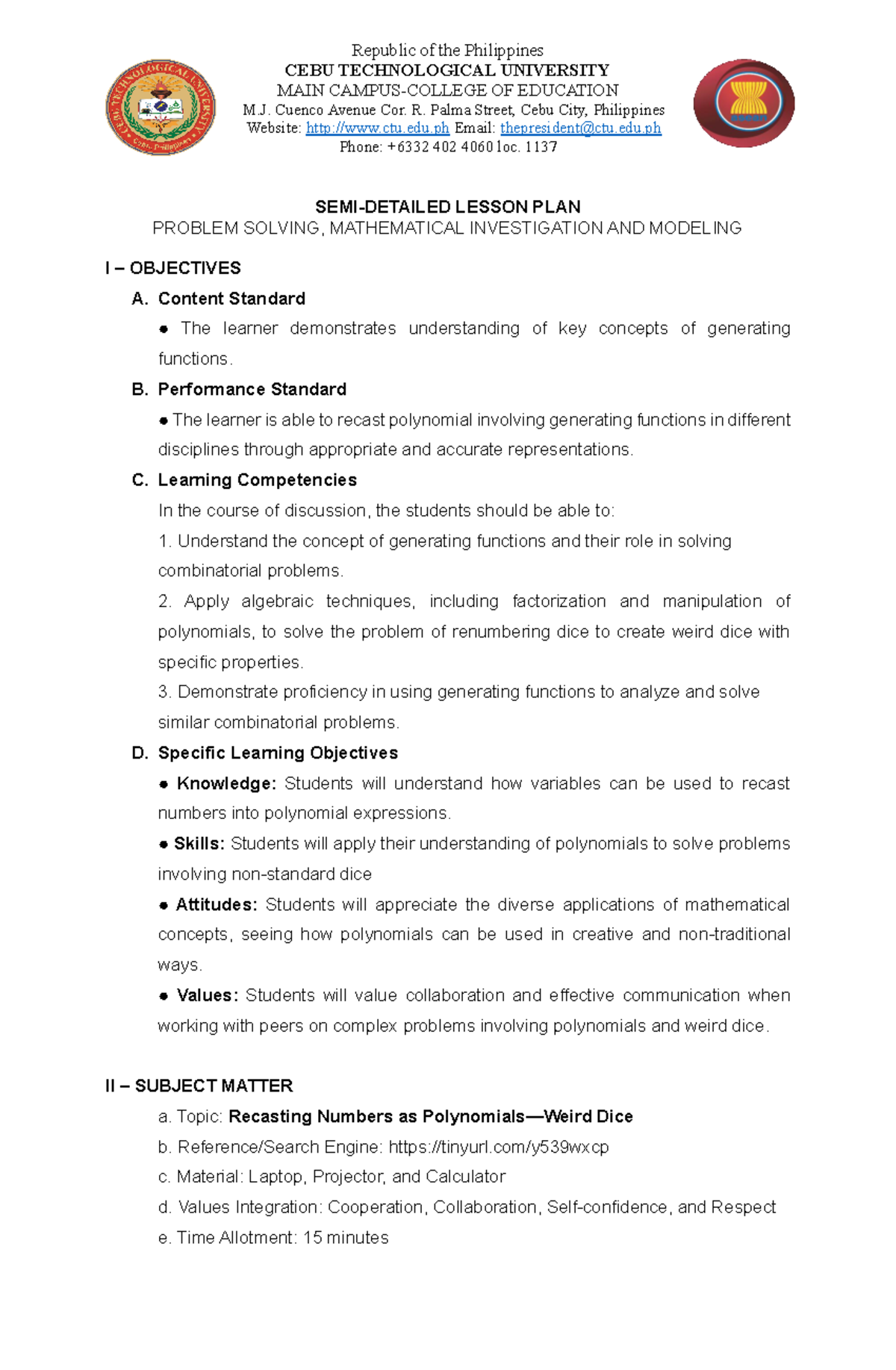 Lesson PLAN-16 - Republic of the Philippines CEBU TECHNOLOGICAL UNIVERSITY MAIN CAMPUS-COLLEGE ...