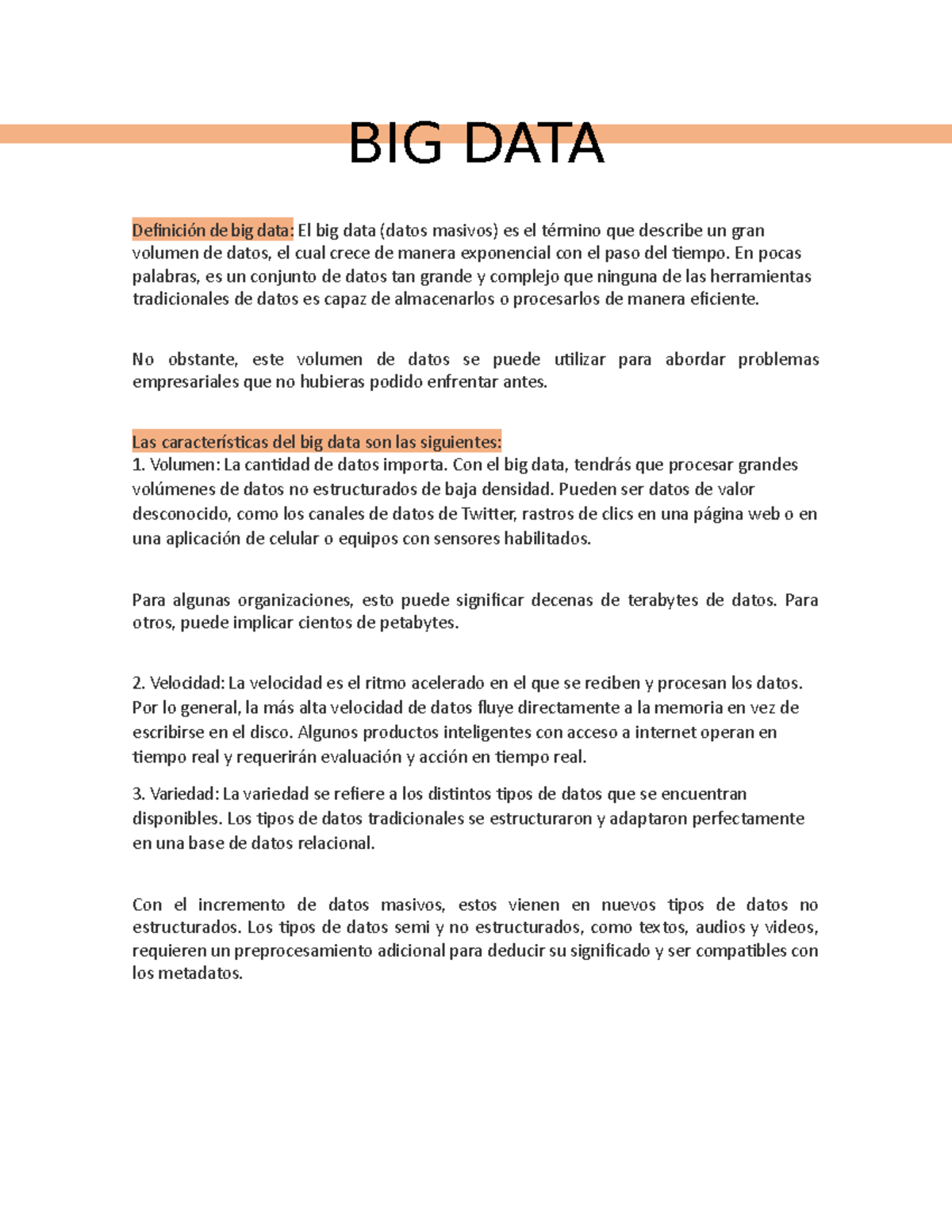 BIG DATA - Lecture notes - BIG DATA Definición de big data: El big data ...