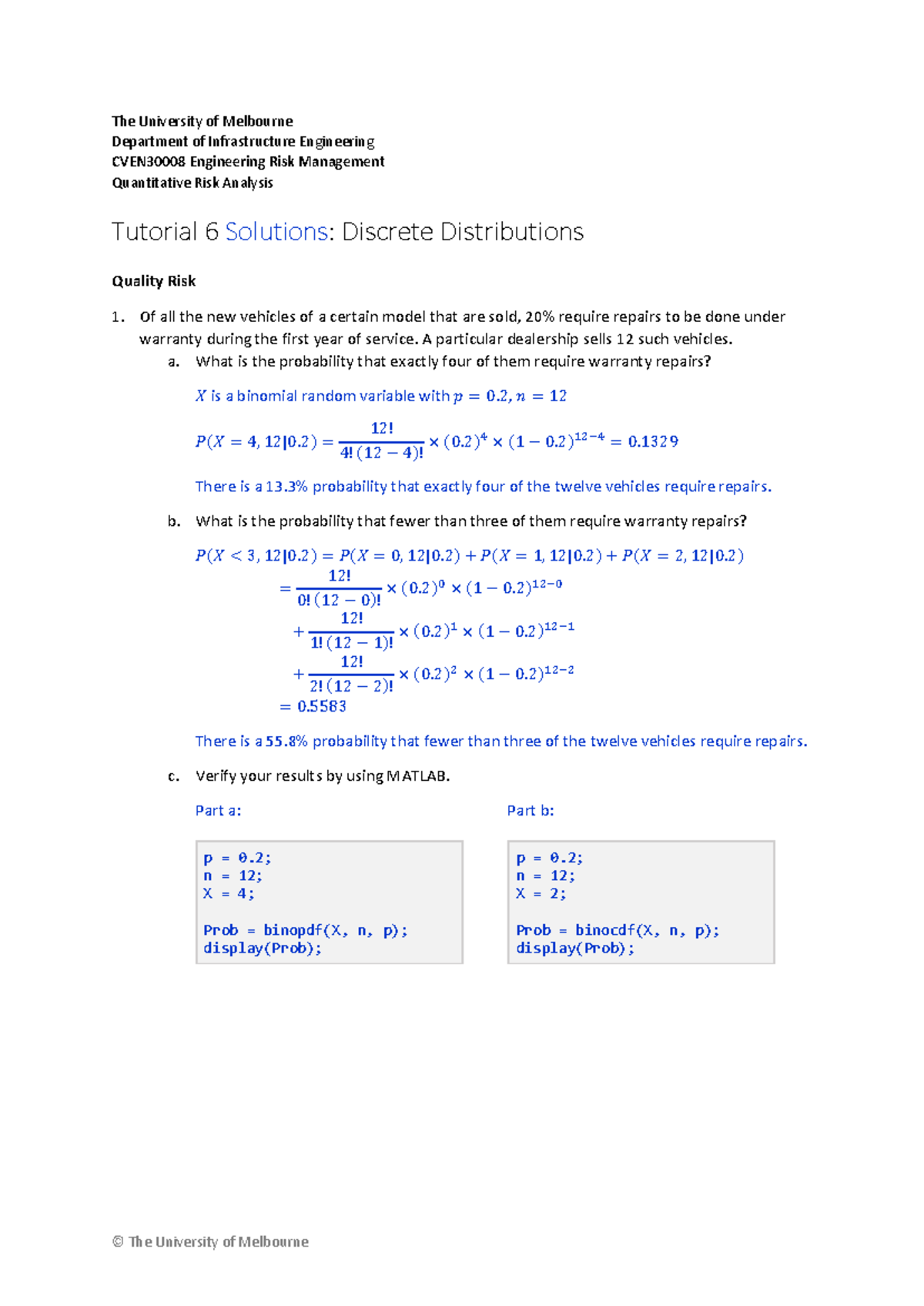 Tutorial 6 Solutions - © The University of Melbourne The University of ...