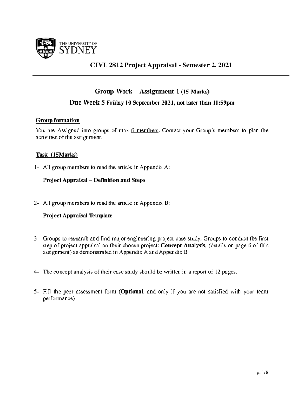 Group Work - Assignment 1 CIVL2812 - CIVL 2 81 2 Project Appraisal ...
