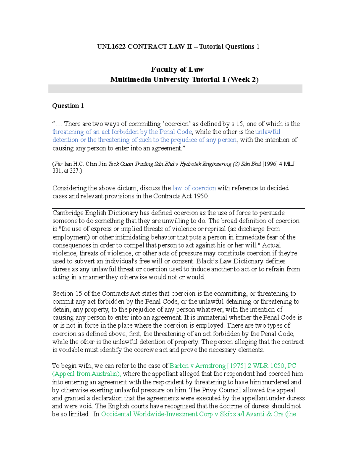 Tutorial 1 (Week 2)- contract law 2 2022 - UNL1622 CONTRACT LAW II – Tutorial Questions 1 ...