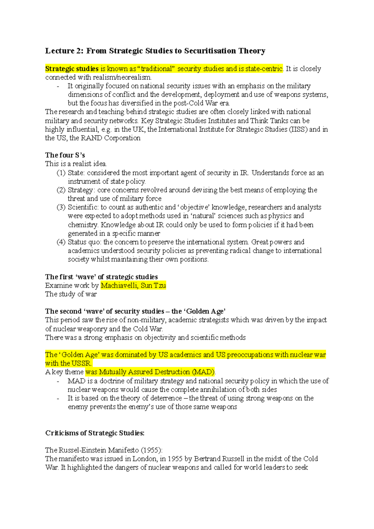 Lecture 2- Securitization Theory - Lecture 2: From Strategic Studies to ...