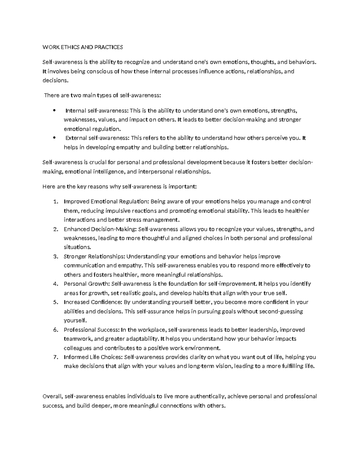 Work Ethics Topic One Wps Office Work Ethics And Practices Self Awareness Is The Ability To