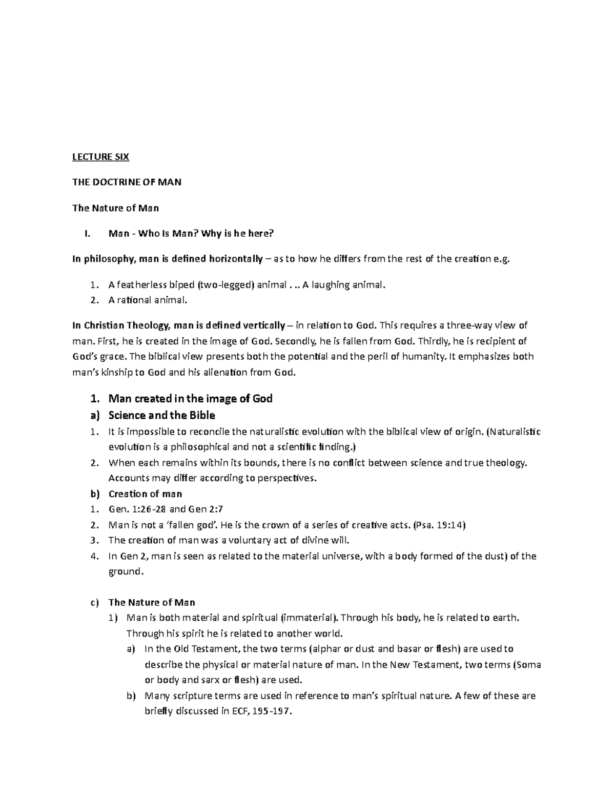 Lecture 6 ( Doctrine OF MAN) - SUM - LECTURE SIX THE DOCTRINE OF MAN ...
