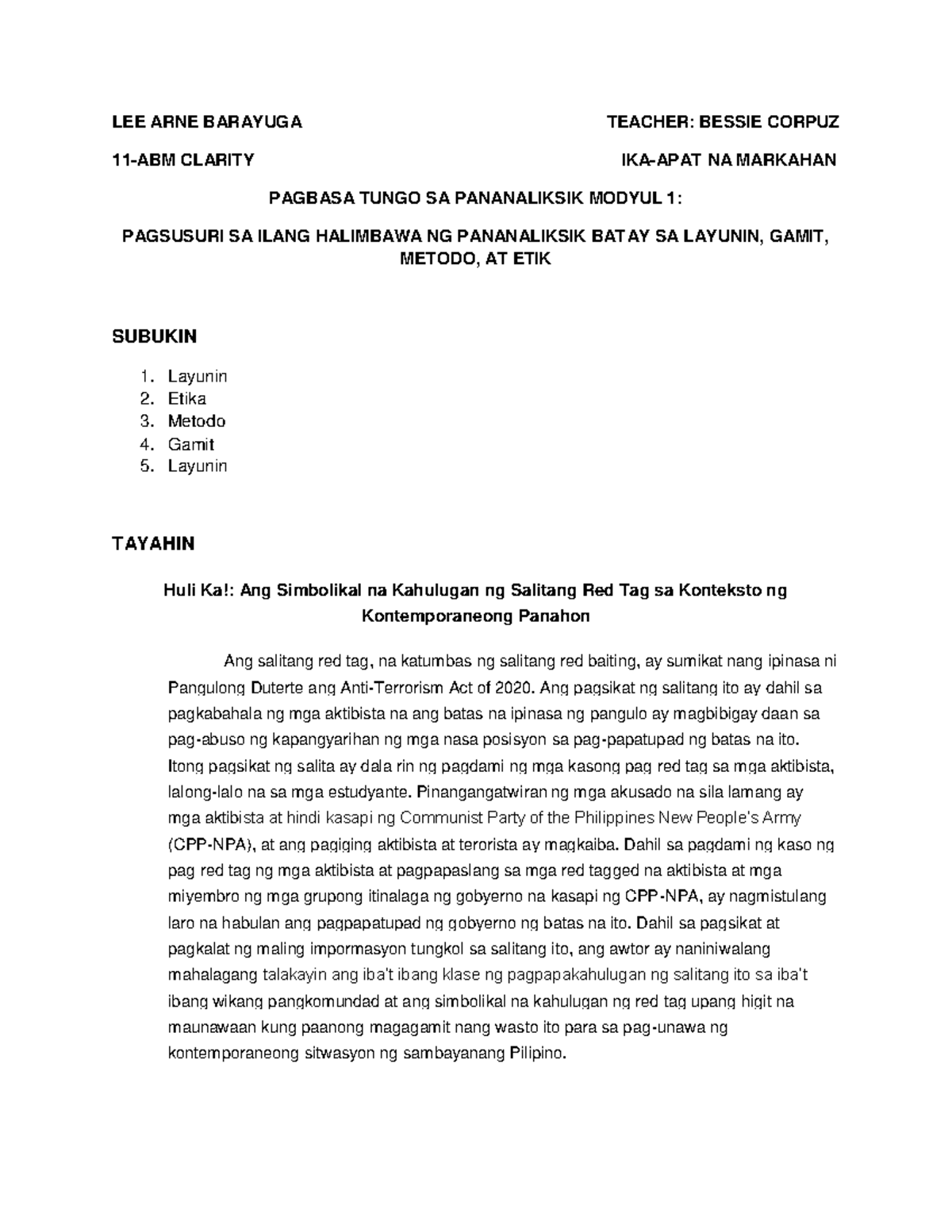 Pagbasa Tungo SA Pananaliksik Modyul 1 Pagsusuri SA Ilang Halimbawa NG ...