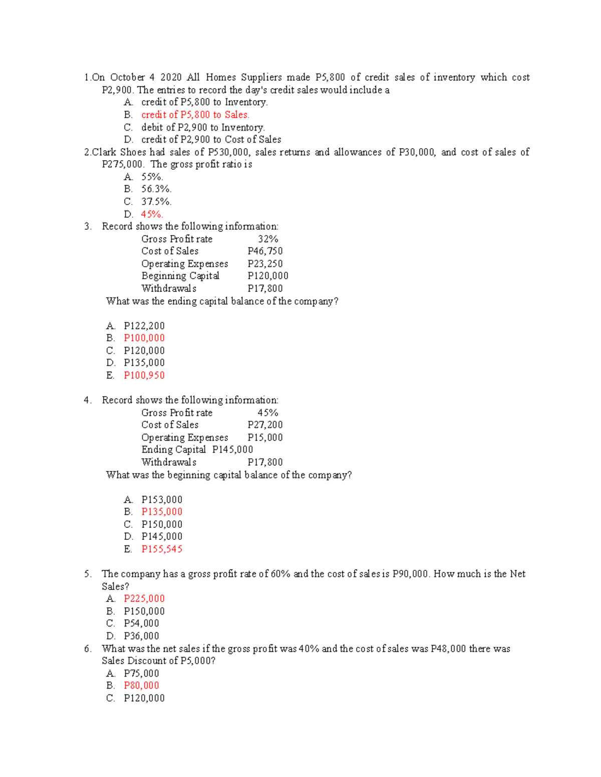 Fundamentals of Accounting 2 (Quiz with answers) - 1 October 4 2020 All Homes Suppliers made P5 ...