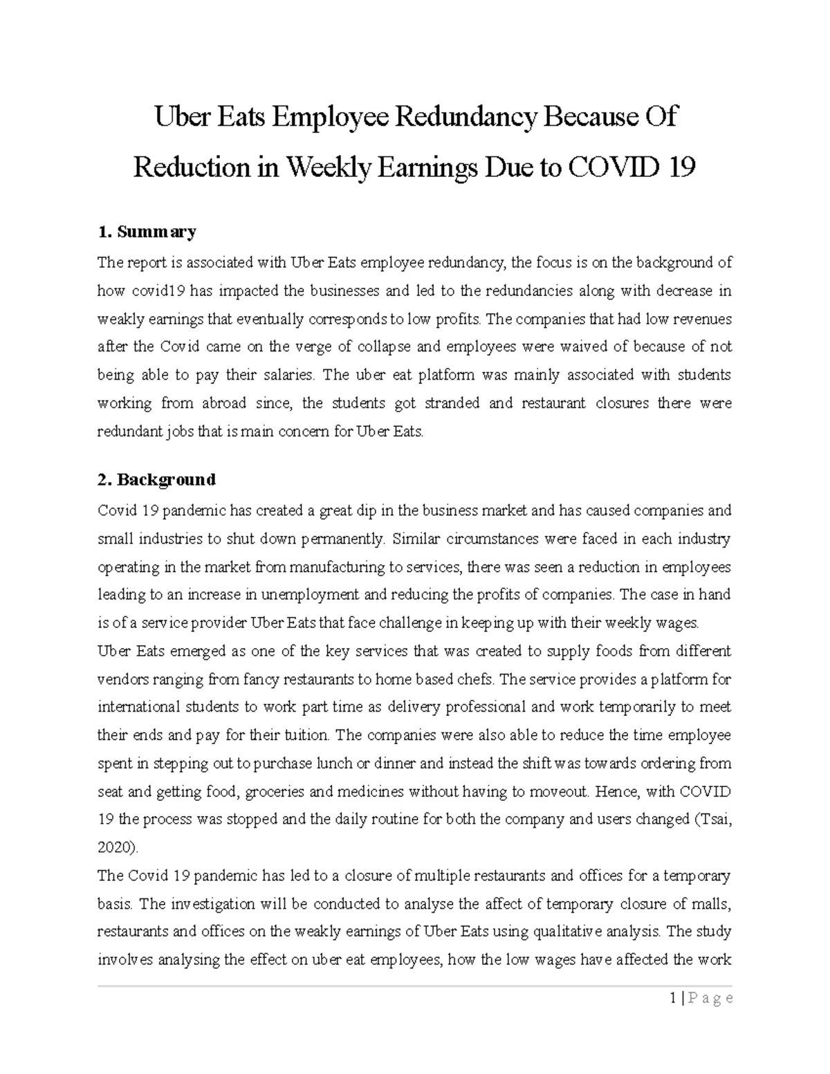 Uber Eats Employee Redundancy Because Of Reduction in Weekly Earnings Due to Covid 19 - Summary ...
