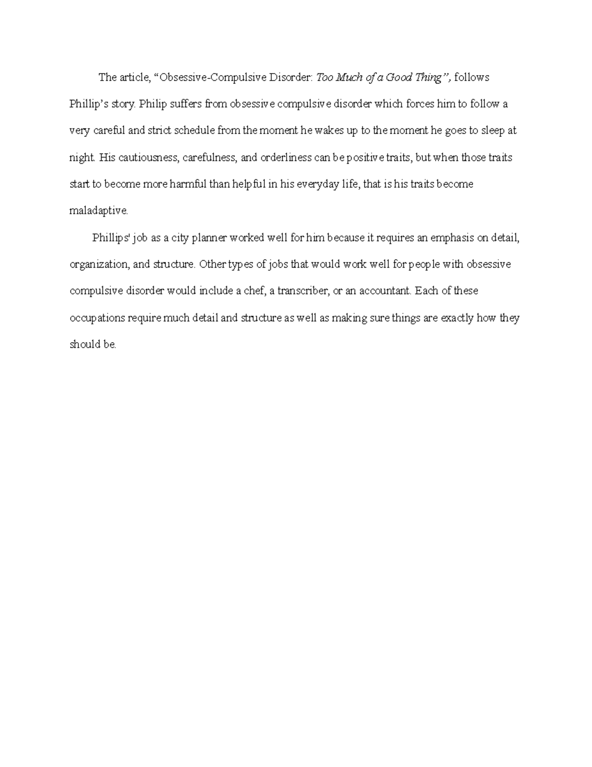 Brief Writing Assignment 2 - The article, “Obsessive-Compulsive ...