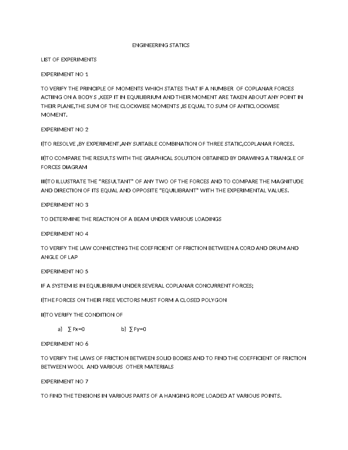 Lab Manual Engg Mechanics - ENGINEERING STATICS LIST OF EXPERIMENTS ...