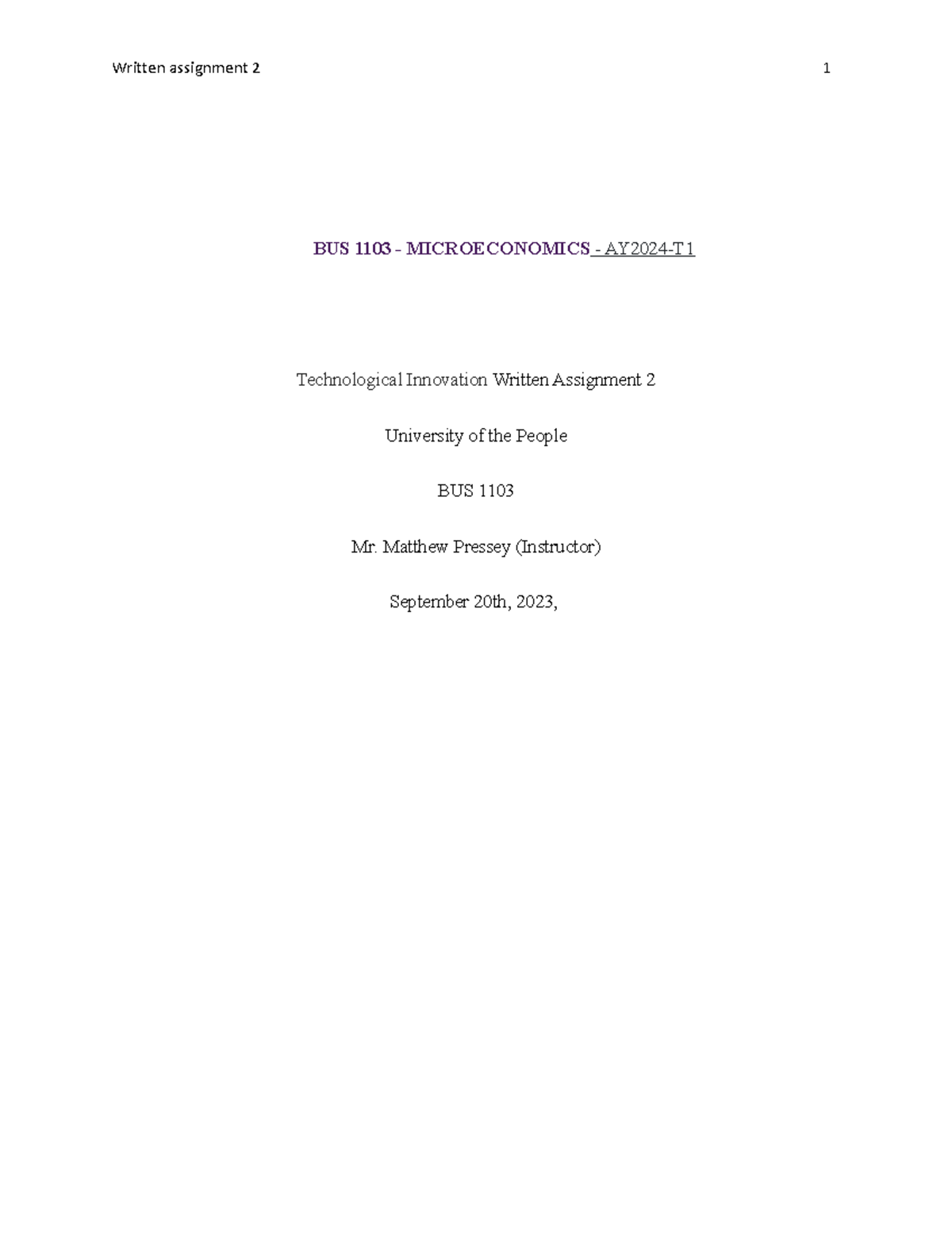 Microeconomics Written Assignment 2 Bus 1103 Microeconomics