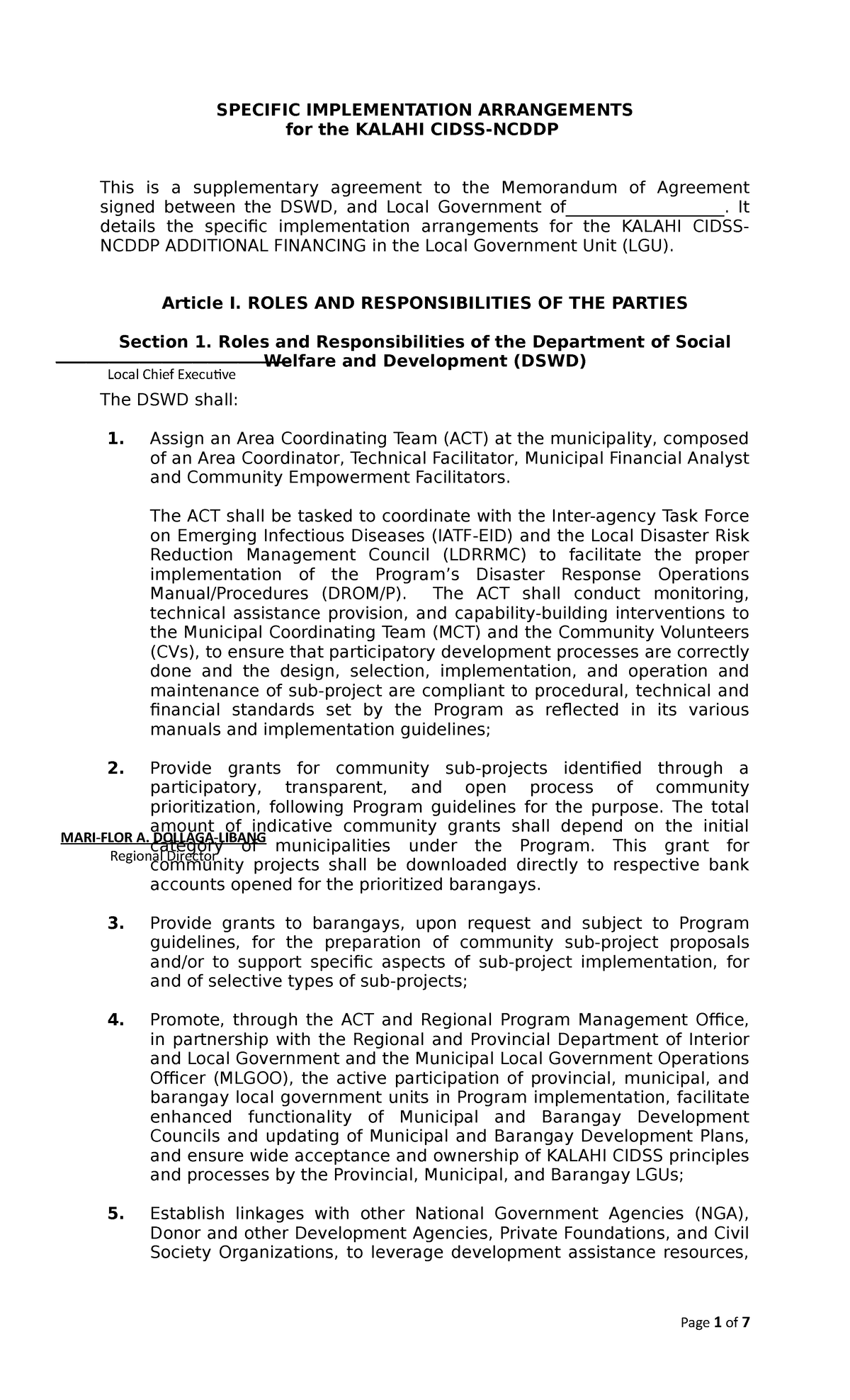 Dromp SIA - KC NCDDP - SPECIFIC IMPLEMENTATION ARRANGEMENTS for the ...