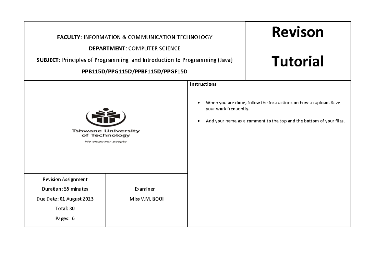 Revsion Tutorial - practice questions on ppb topics - FACULTY: INFORMATION & COMMUNICATION - Studocu