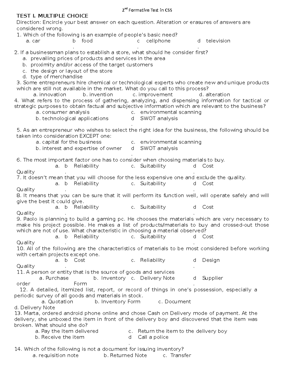 Formative test 2 pecs-movement of materials - 2 nd Formative Test in ...
