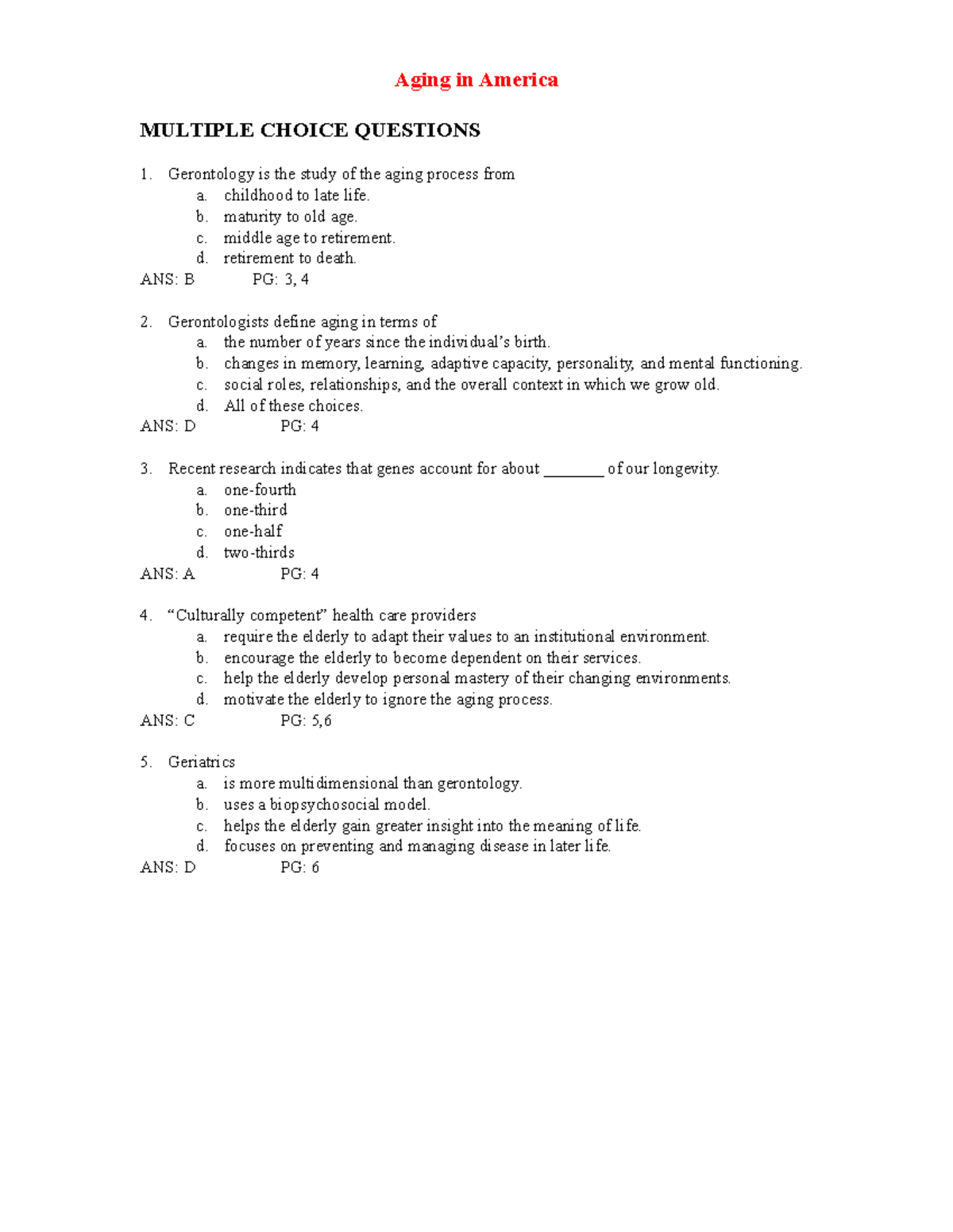 Aging in America - Sociology-Exams - Aging in America MULTIPLE CHOICE ...