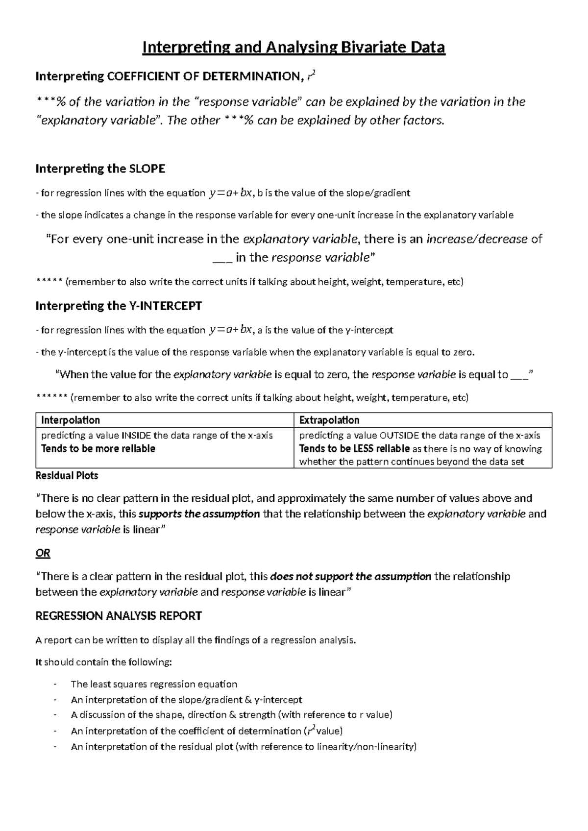 Interpreting And Analysing Bivariate Data Summary Interpreting And Analysing Bivariate Data