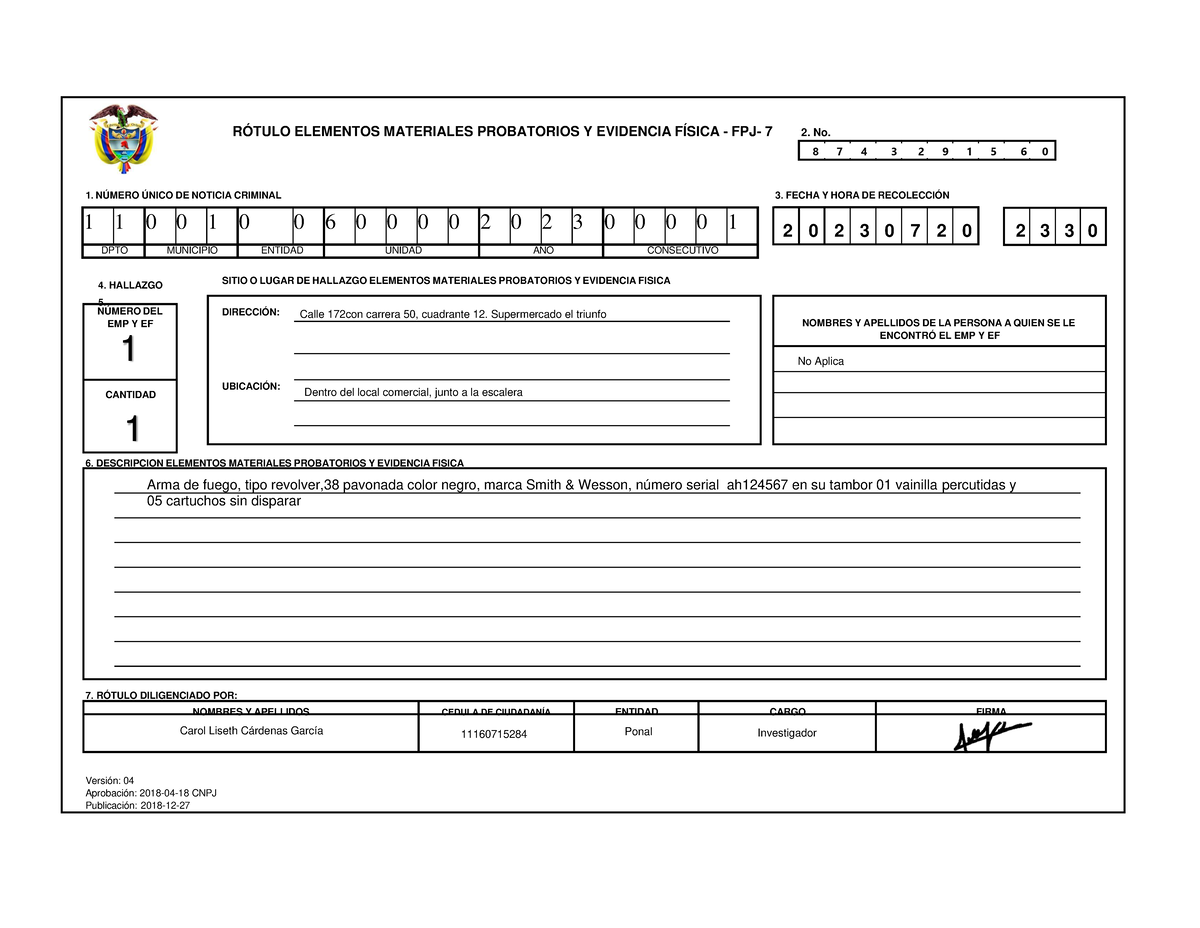 FPJ-7 Rotulo Cadena de Custodia - RÓTULO ELEMENTOS MATERIALES ...