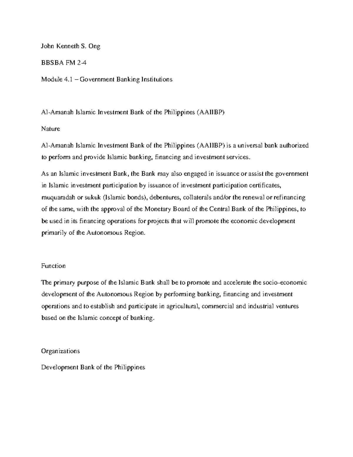 Module 4.1- Government Banks- ONG, J.K.S - John Kenneth S. Ong BBSBA FM ...