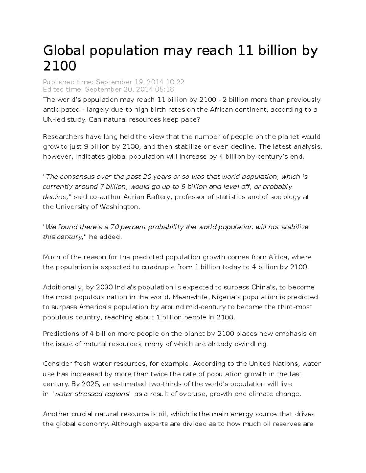 Lesson 1. Global population growth - Global population may reach 11 ...