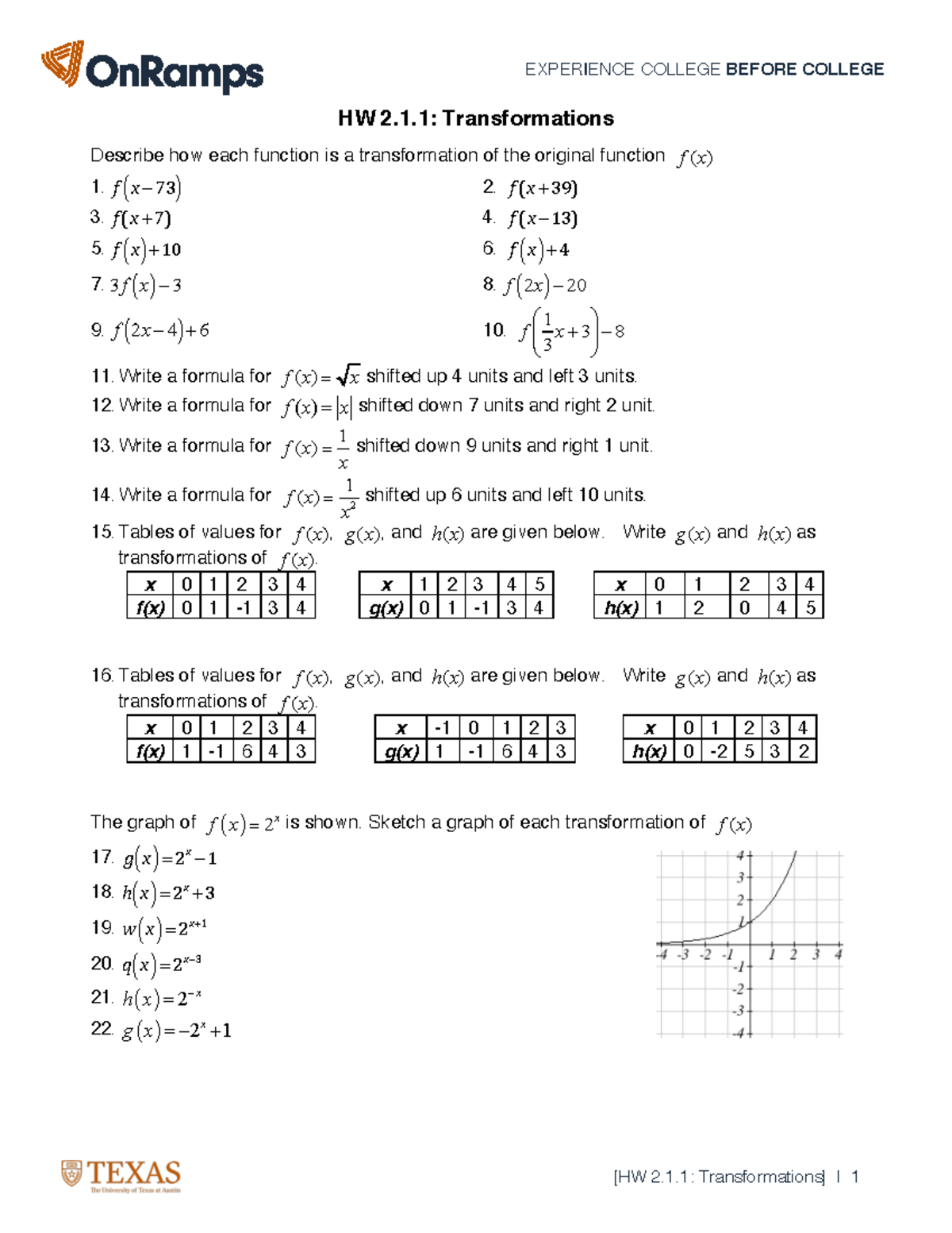 HW 2.11 HOMEWORK - HW 2.1: Transformations Describe how each function ...