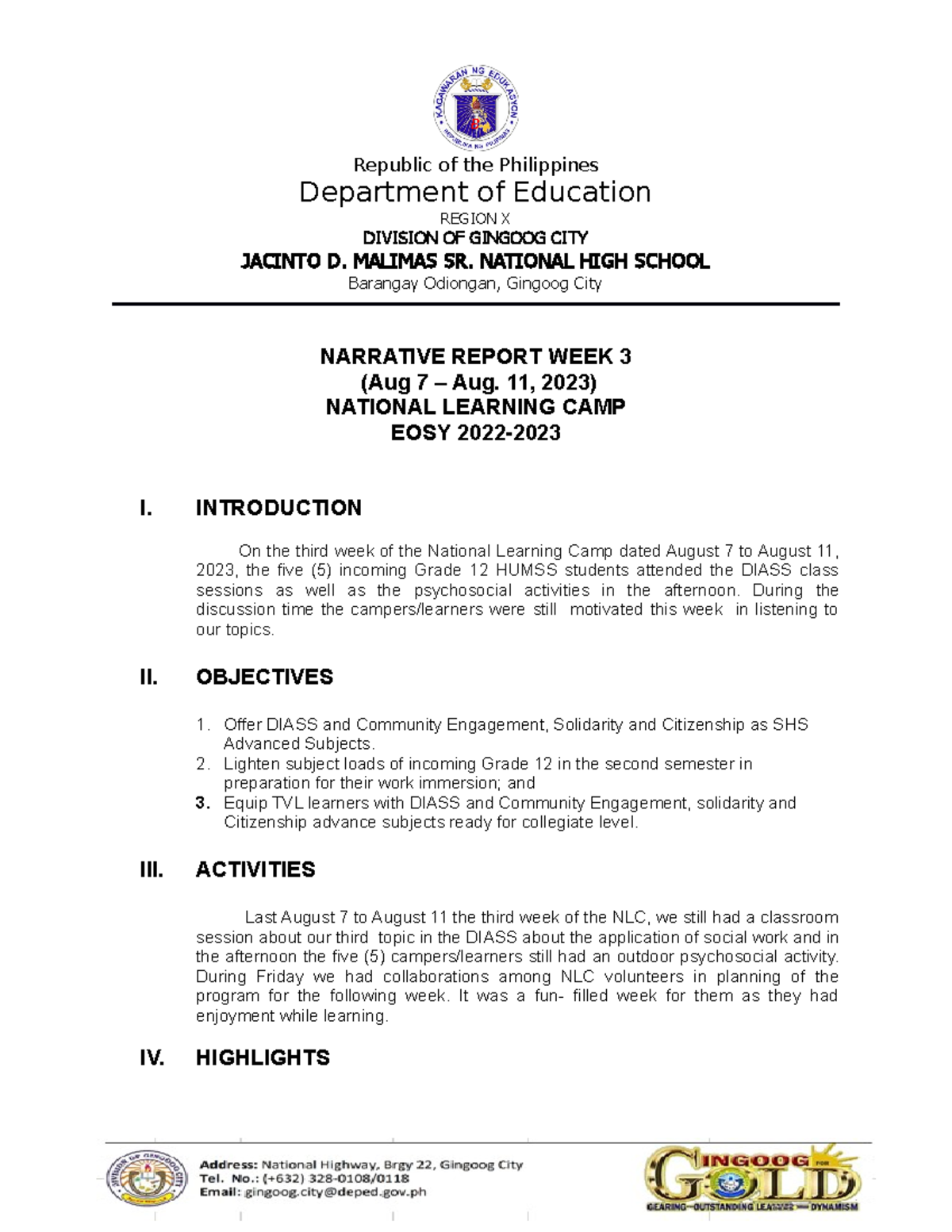 Narrative- Report nlc wk3 - B Republic of the Philippines Department of ...
