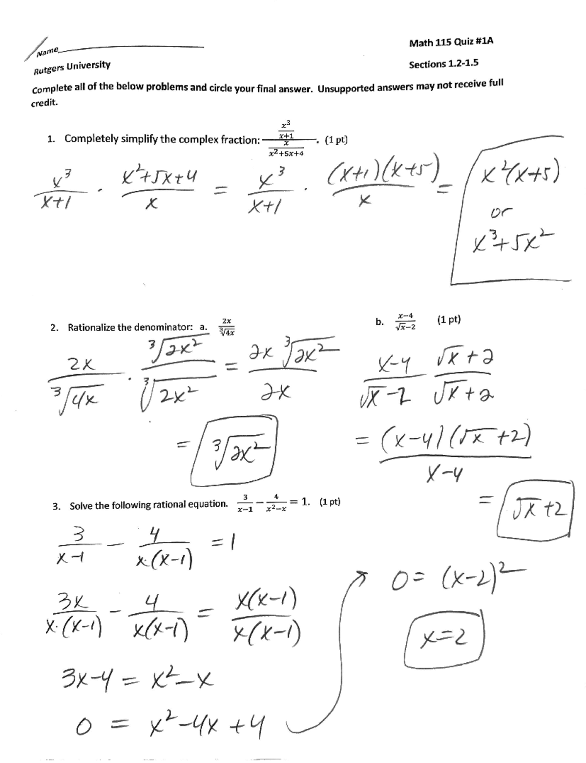 Math 115 Quiz Simplifying Complex Fractions And Rational Equations Name Math 115 Quiz Rutgers