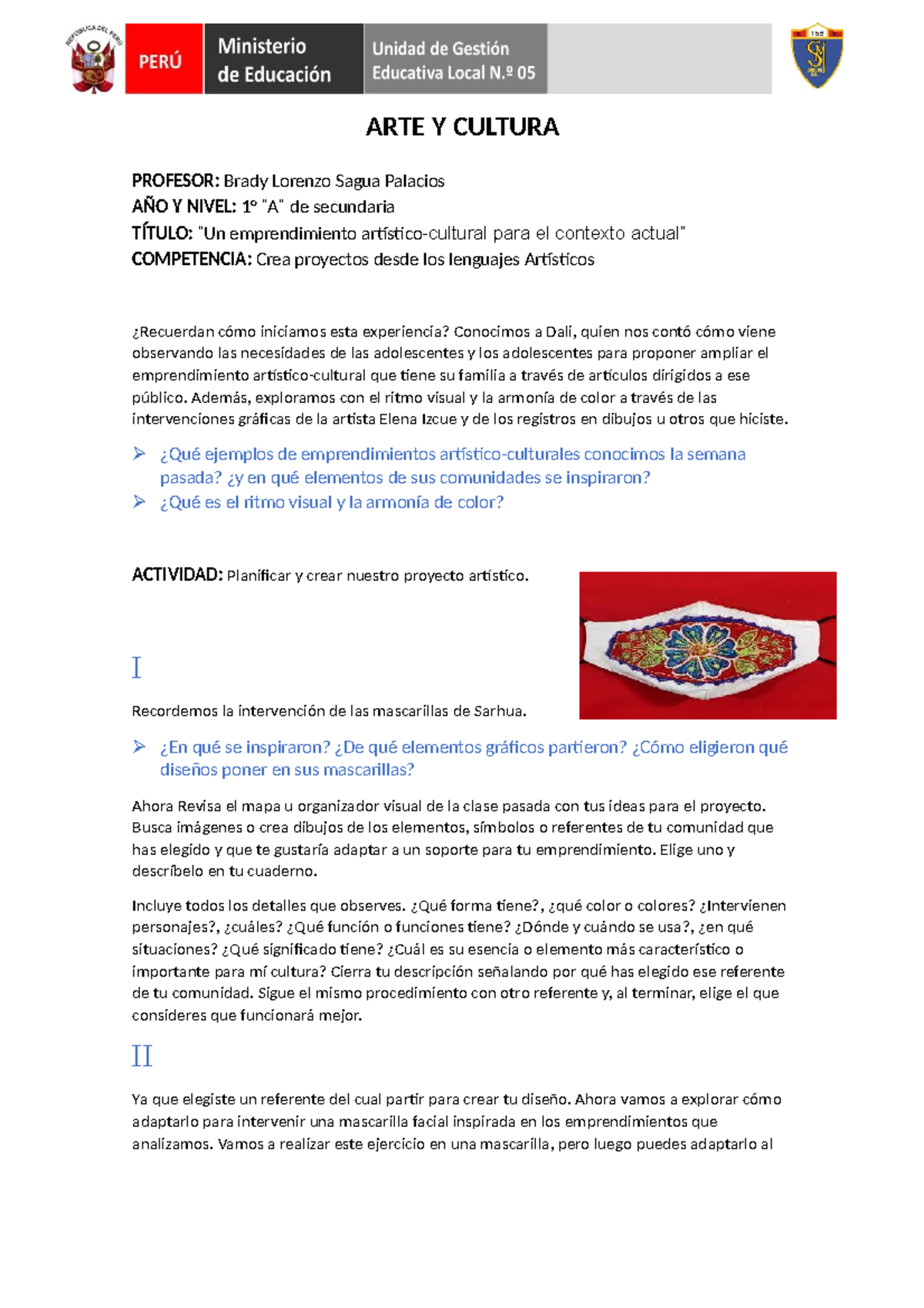 Ficha DE Trabajo ARTE 1° A Sec - IE N ° 158 SANTA MARIA ARTE Y CULTURA ...